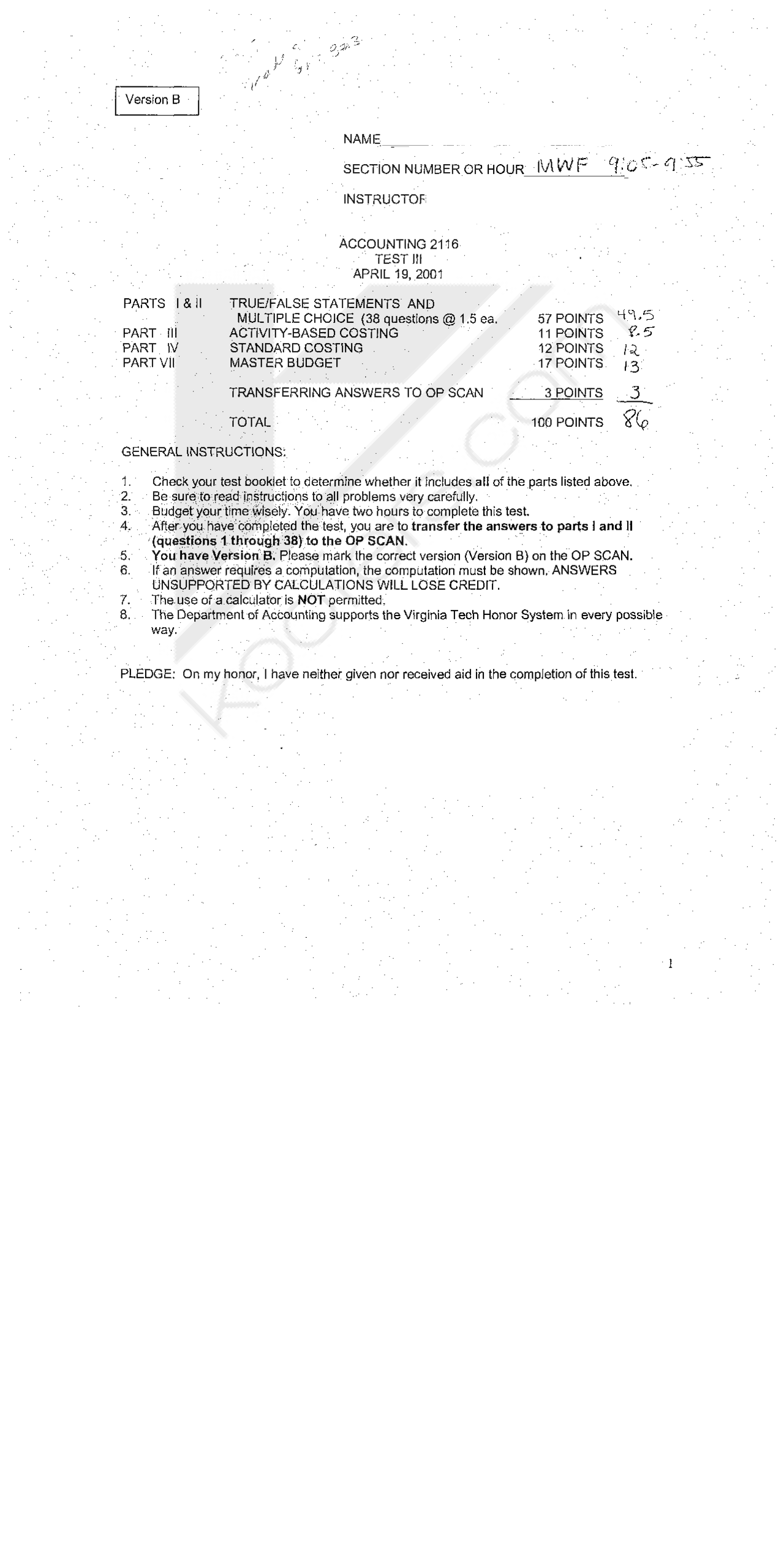 Test Iii Version B Solved Principles Of Accounting Acis 2116 Docsity