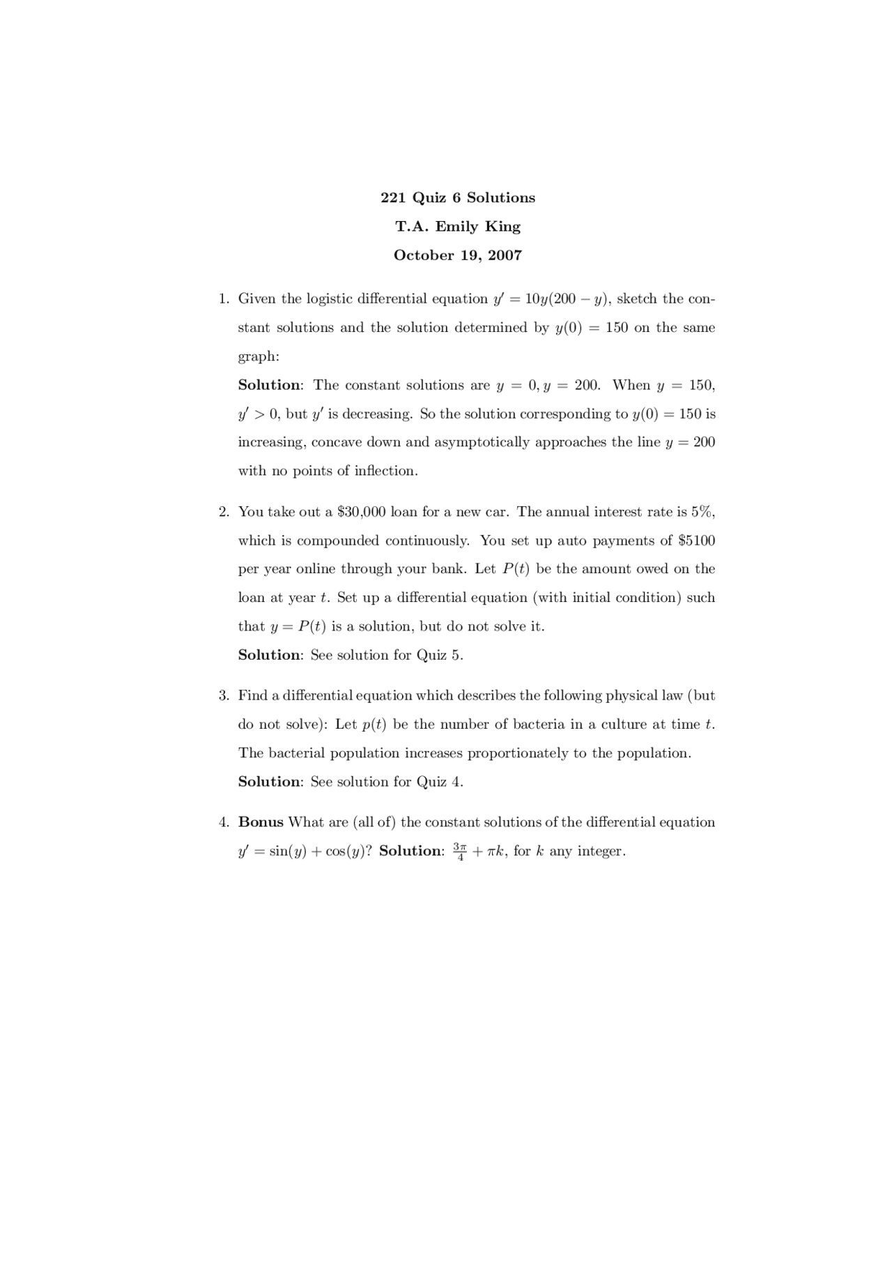 Quiz 6 With Solutions Elementary Calculus Ii Fall 2007 Math 221