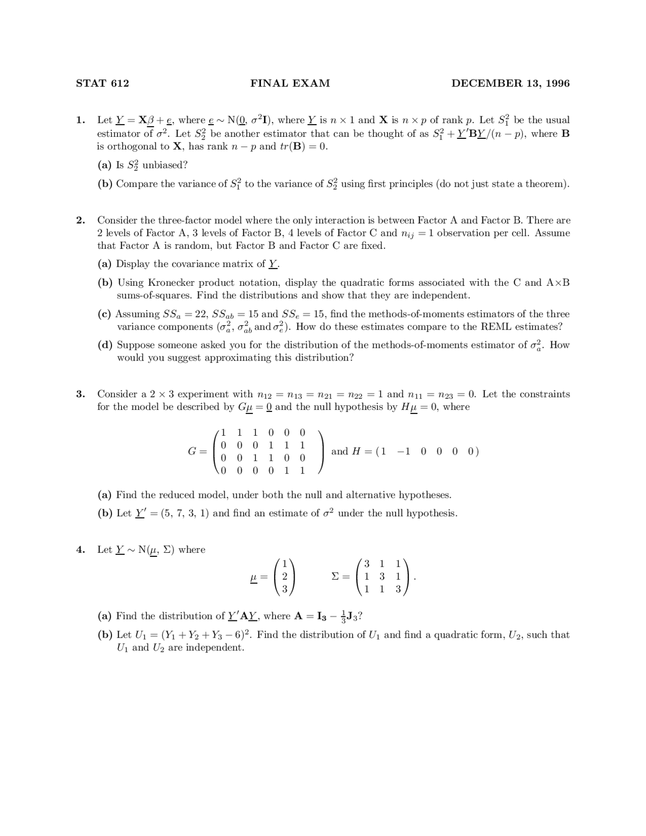 Theory Of Linear Models Final Exam Fall 1996 Stat 612 Docsity