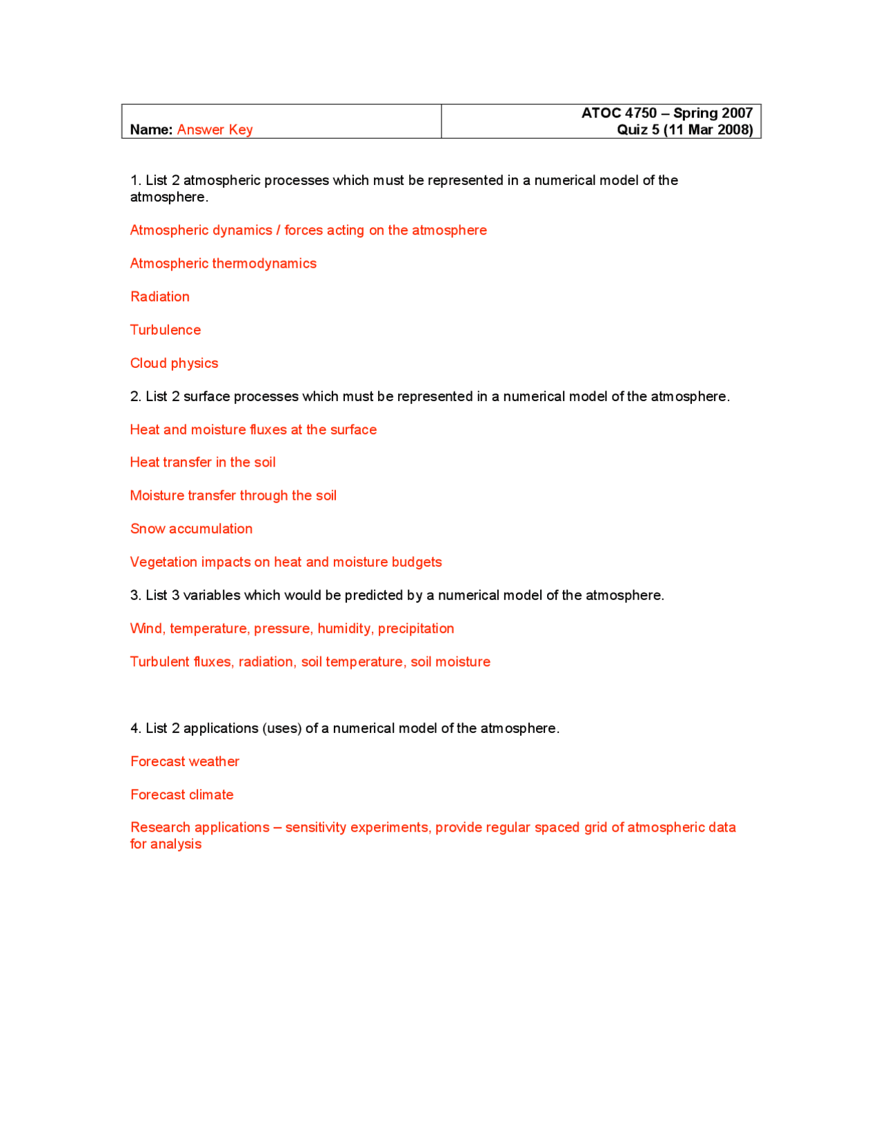 Quiz 5 With Answer Key For Desert Meteorology And Climate Atoc 4750