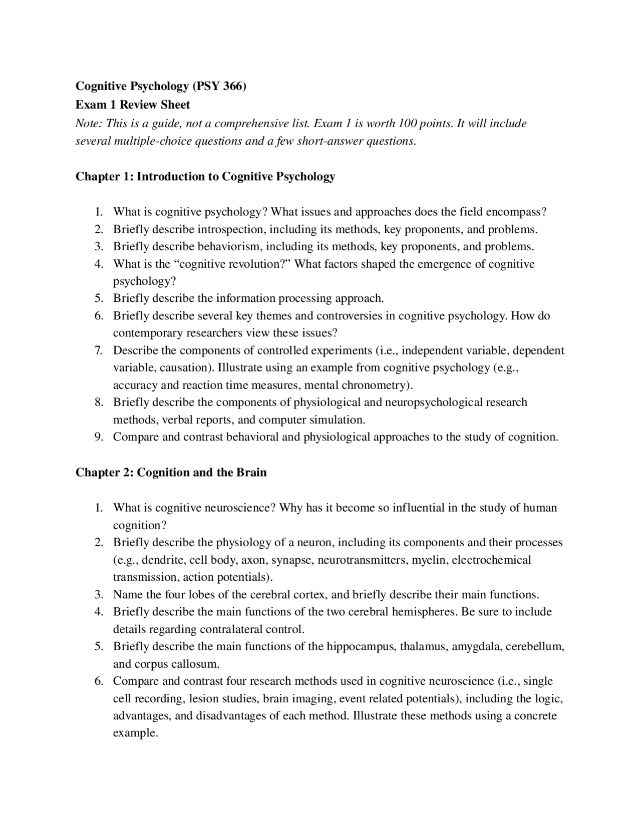 Exam 1 Review Sheet - Cognitive Psychology | PSY 350.00 - Docsity
