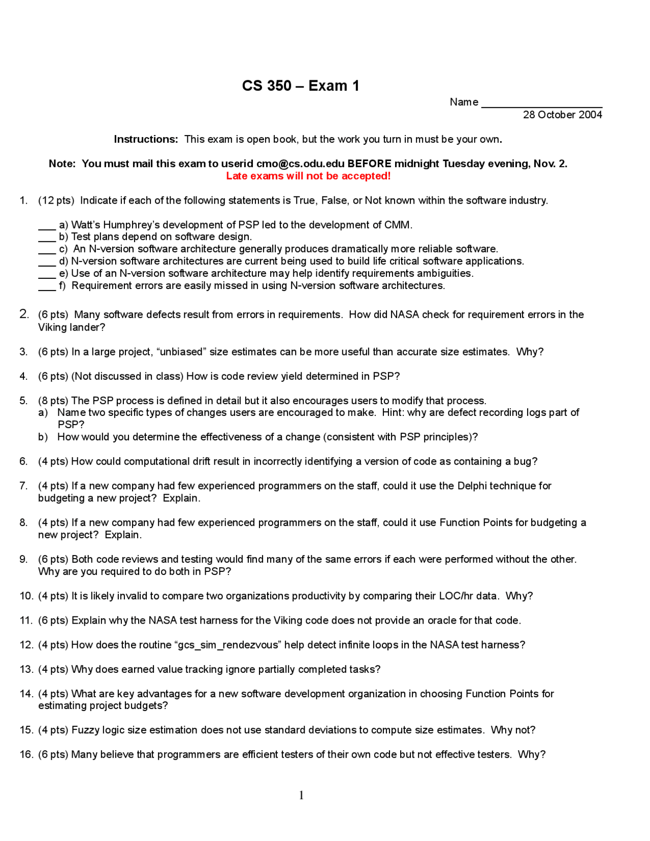 20 Questions Of Introduction To Software Engineering Exam 1 Cs 350