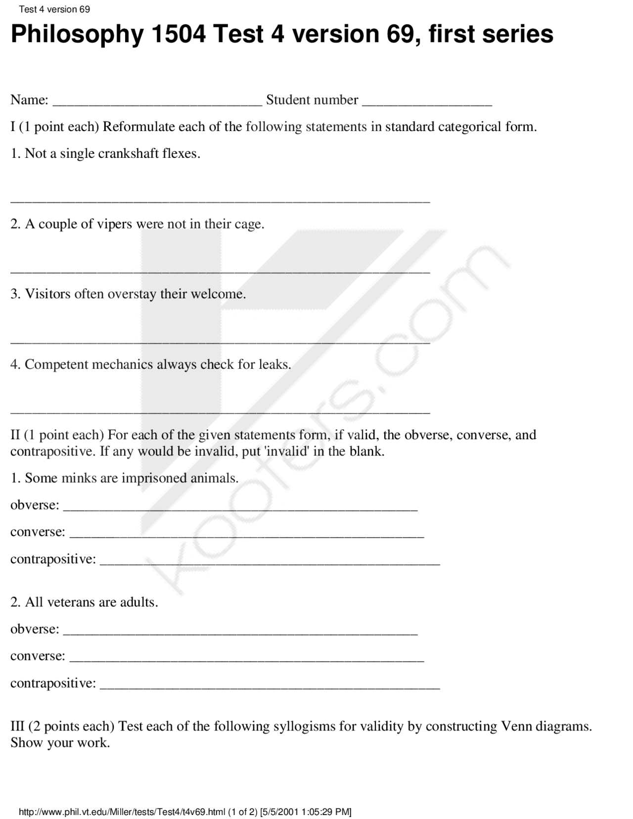 Philosophy Test 4 Version 69: Logic Exercises - Prof. H. Miller | Exams ...