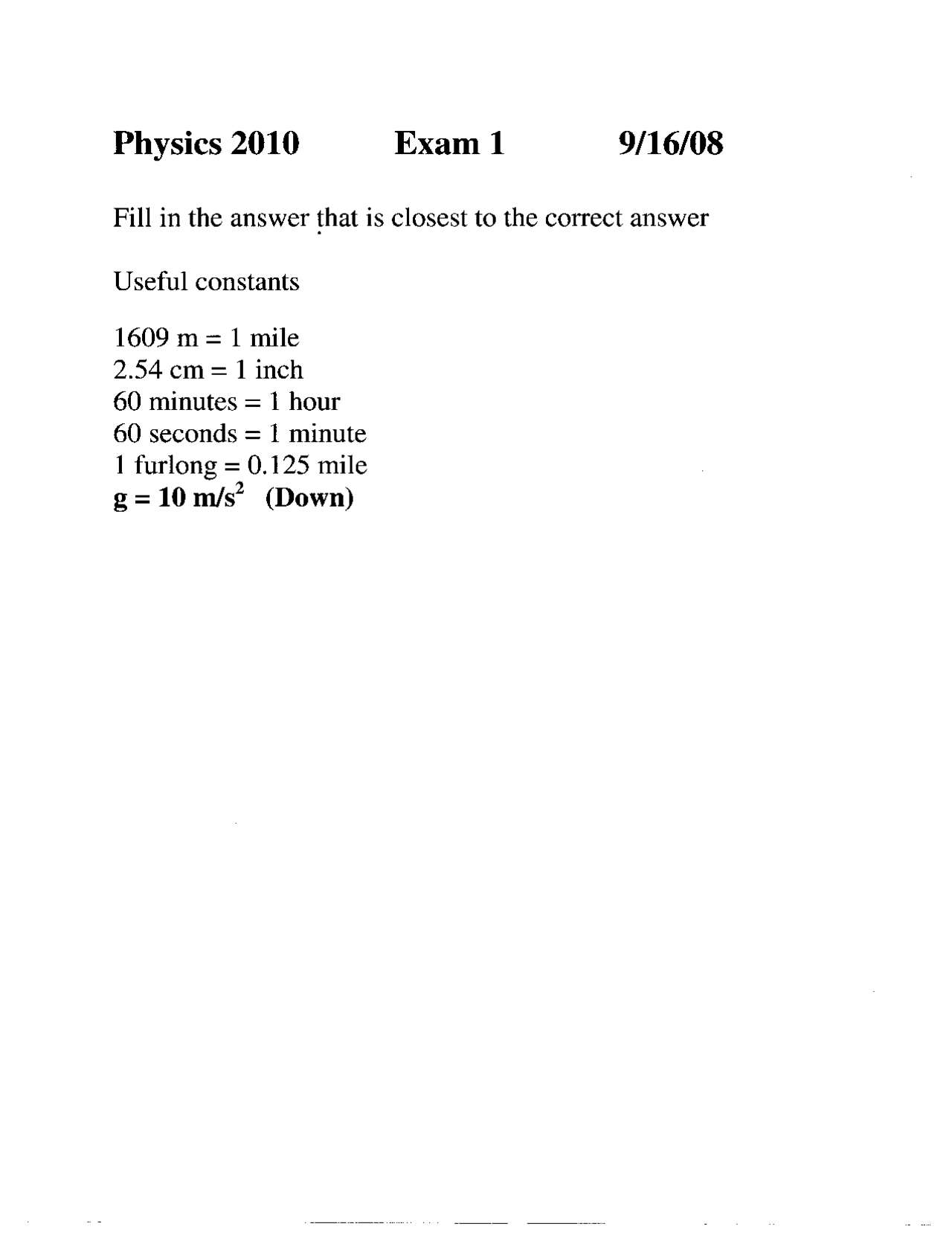 Examination 1 Practice Questions on General Physics I | PHYS 2010 - Docsity