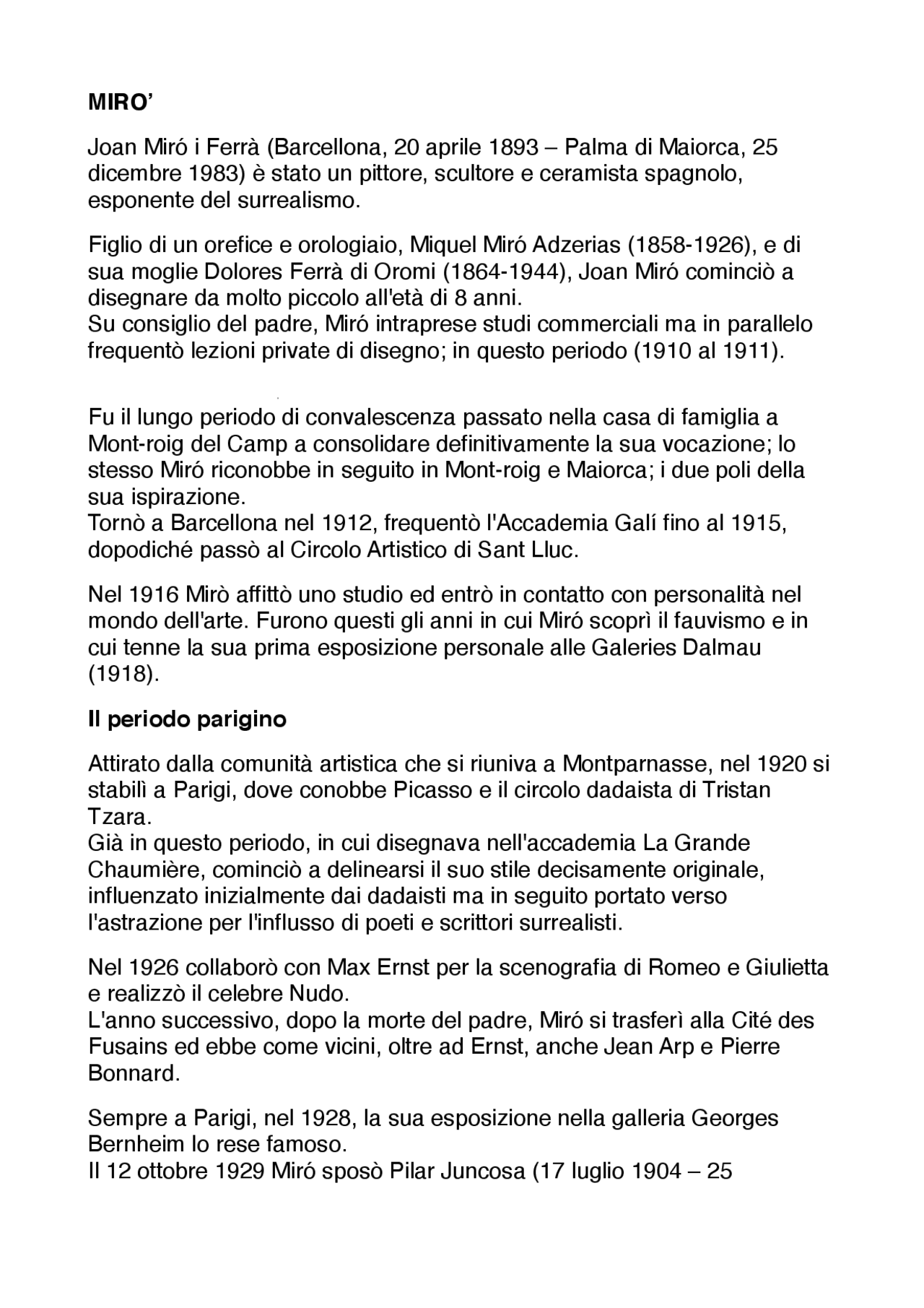 Appunti Sulla Vita E Le Opere Di Mirò Docsity