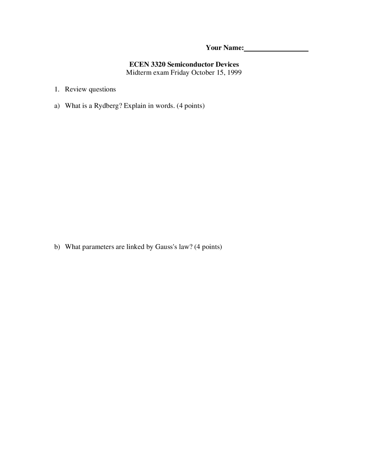 Review Questions - Semiconductor | ECEN 3320 - Docsity