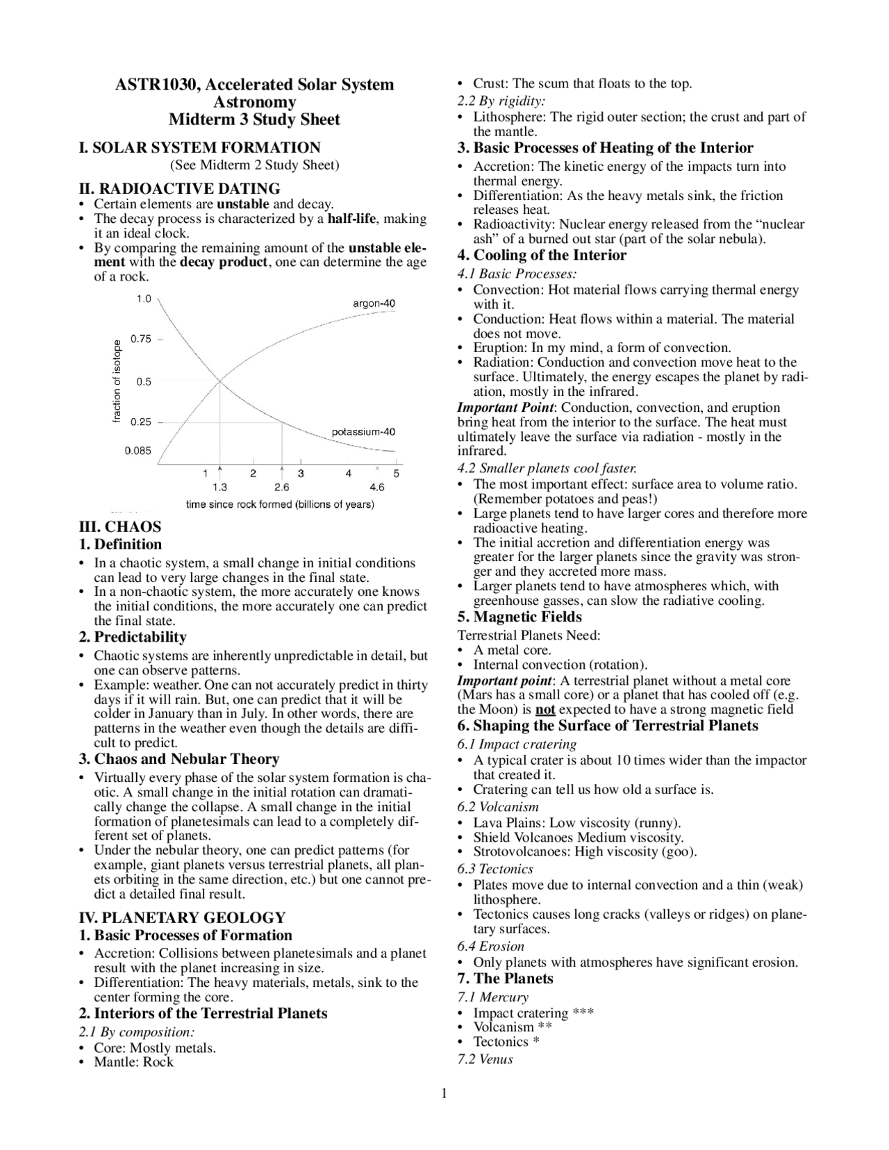 Midterm 3 Study Sheet - Accelerated Solar System Astronomy 1 | ASTR 1030 - Docsity