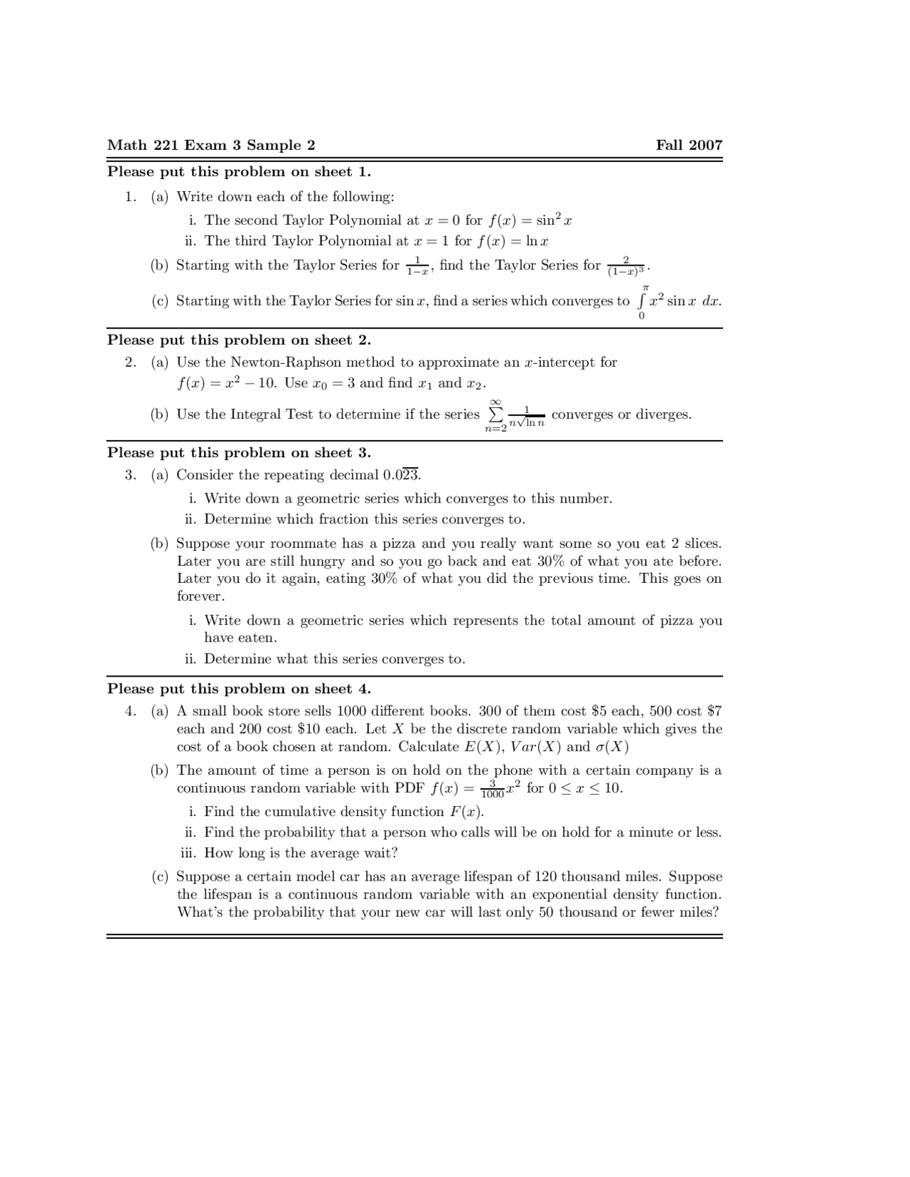 Sample Exam 3 Elementary Calculus Ii Fall 2007 Math 221 Docsity