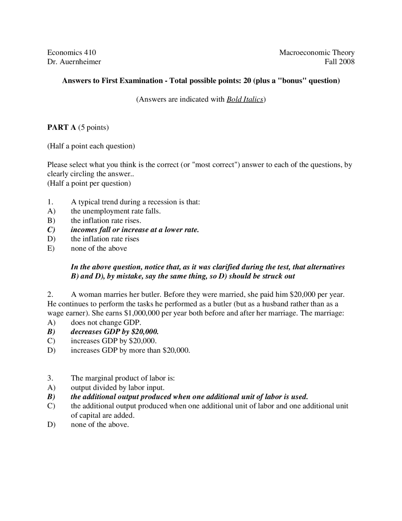 Exam 1 Solutions Macroeconomics Theory Fall 2008 Econ 410 Docsity