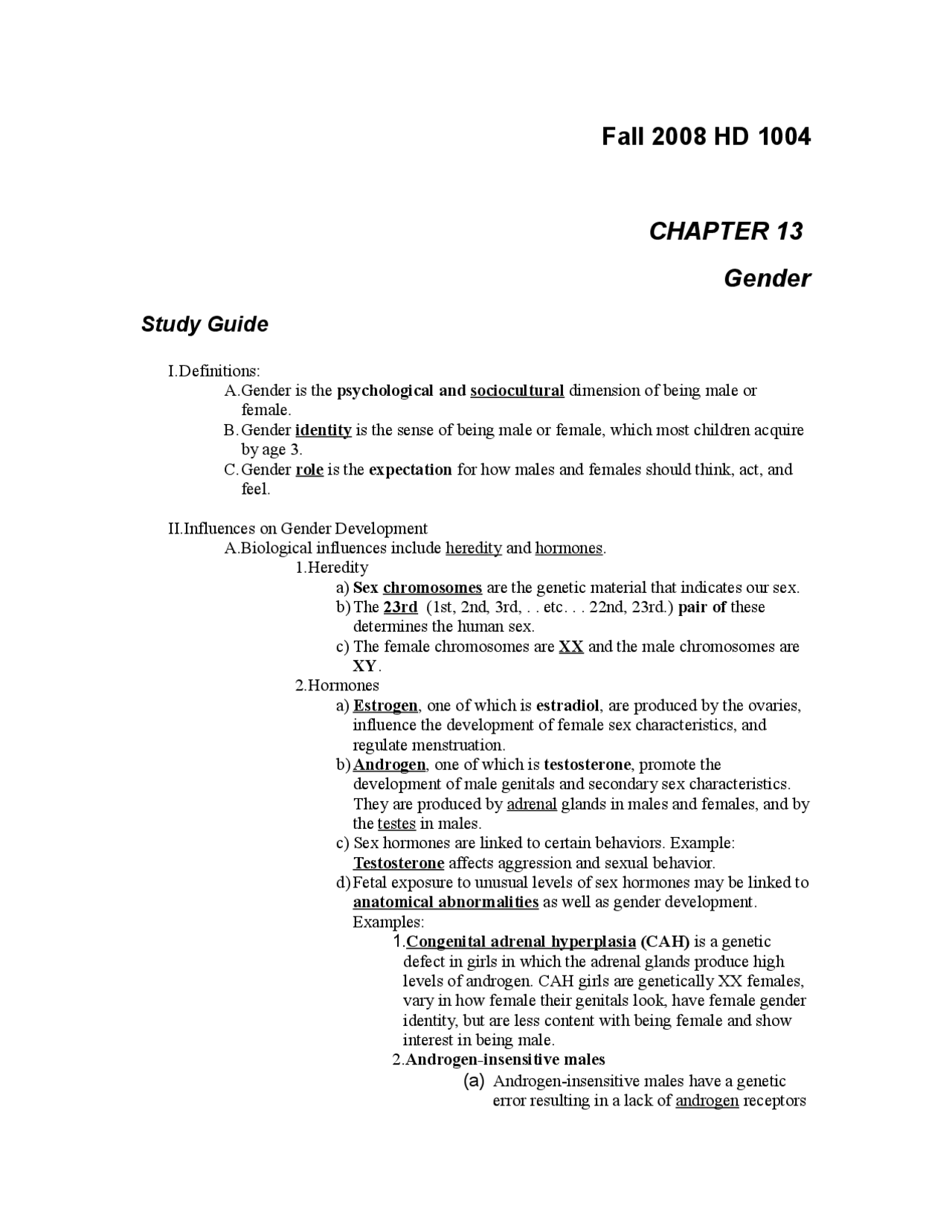Lecture Notes On Gender Human Development I Hd 1004 Docsity