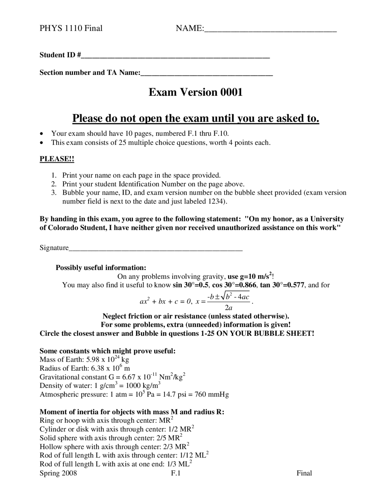 Final Exam For General Physics 1 Phys 1110 Docsity