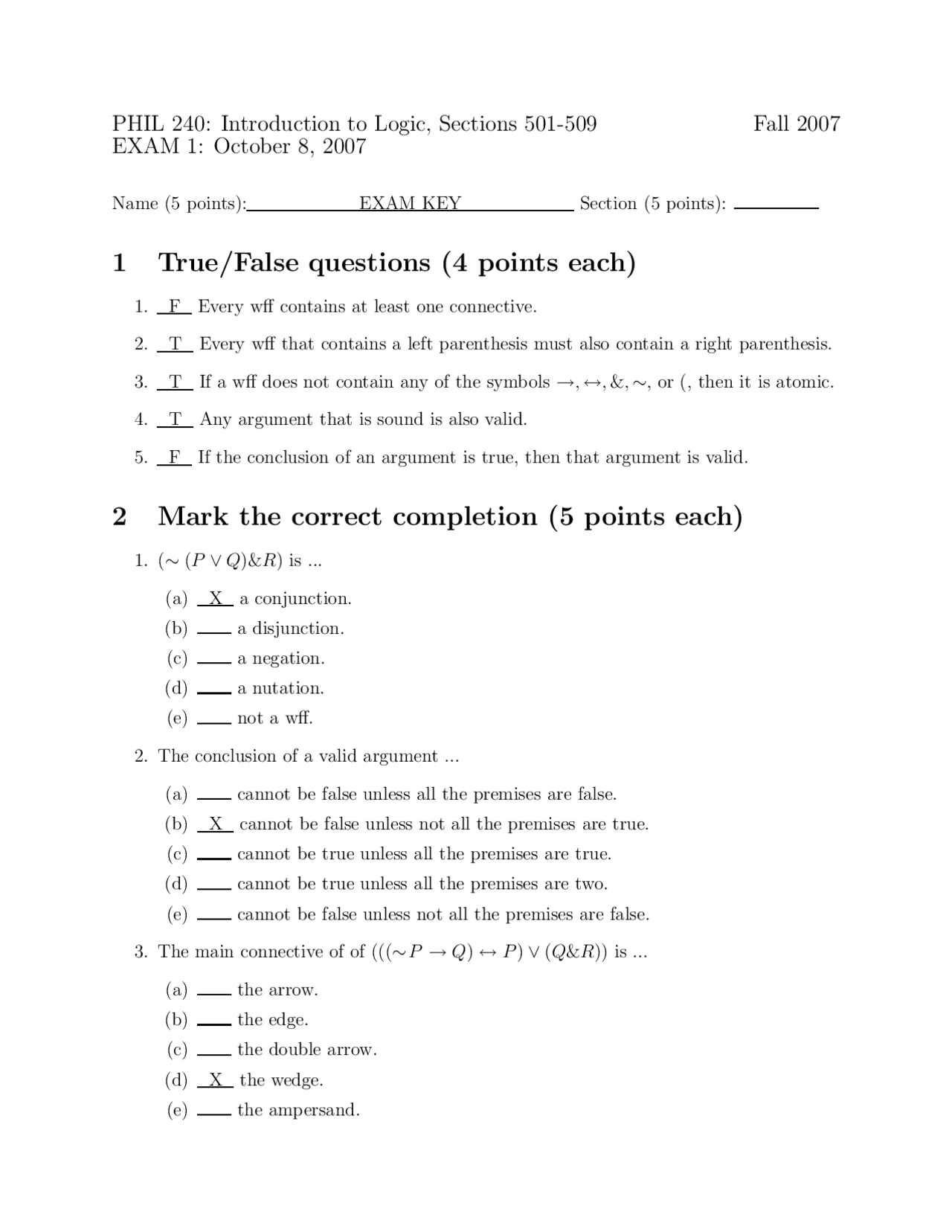 Old Examination 1 With Answer Key Introduction To Logic Phil 240