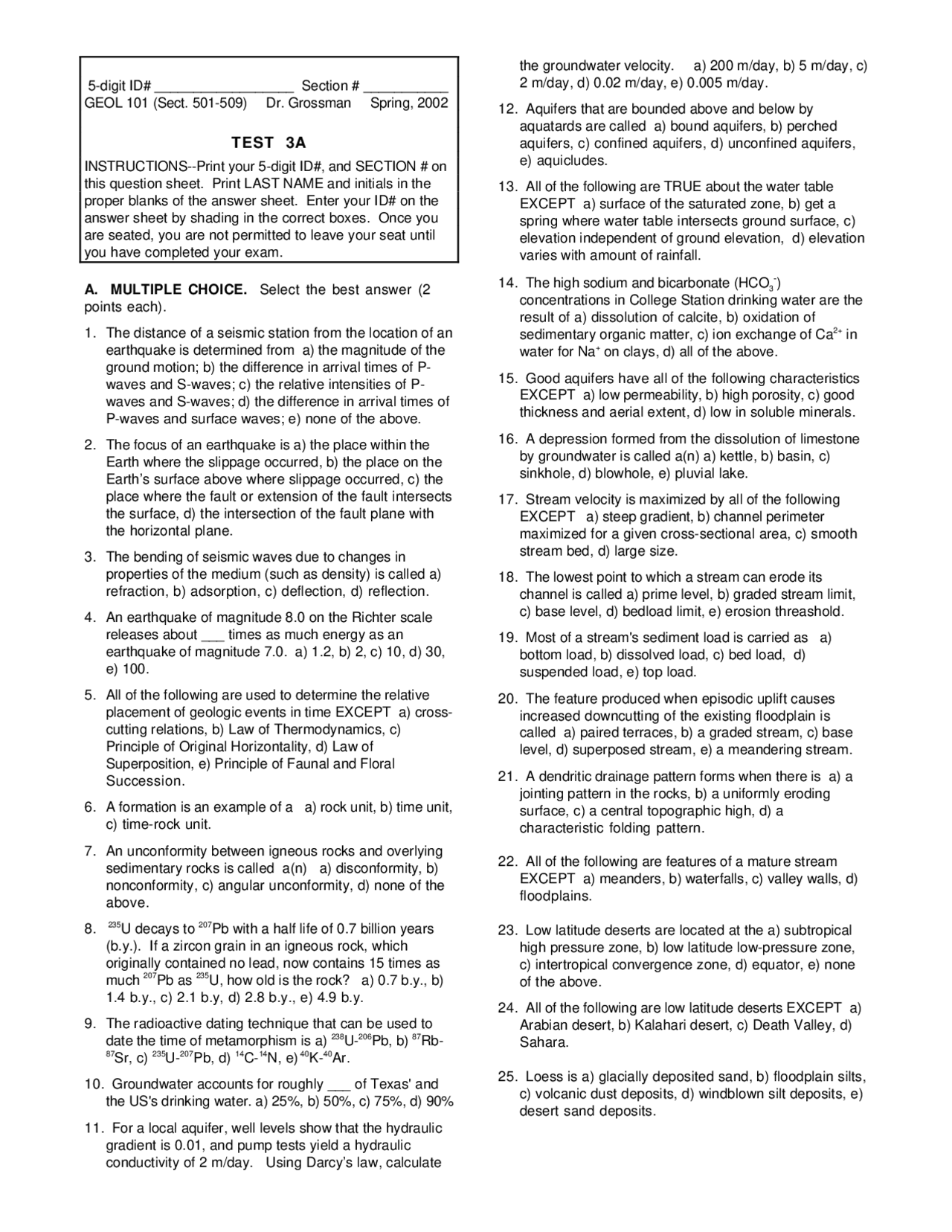 Mcqs For Exam 3 Honor Principles Of Geology Geol 101 Docsity