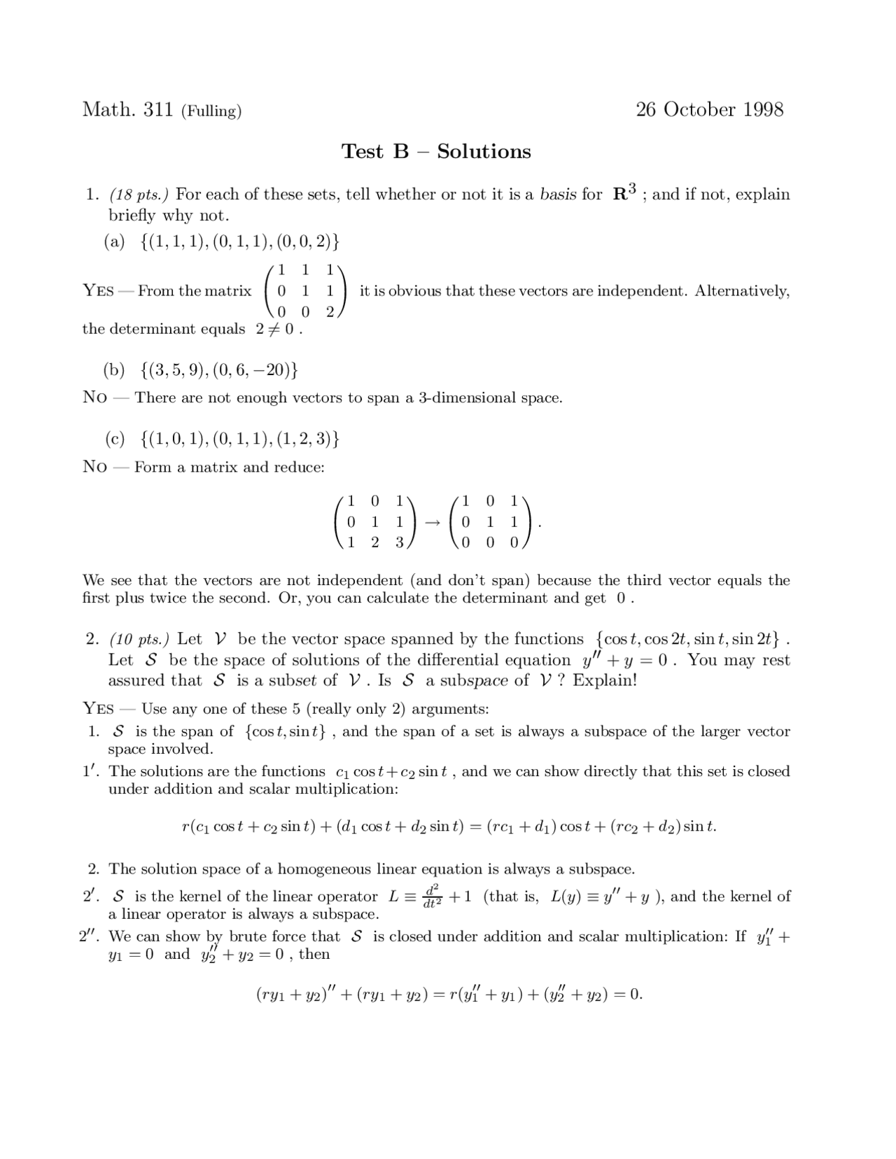 Problems On Applied Mathematics Test Math 311 Docsity