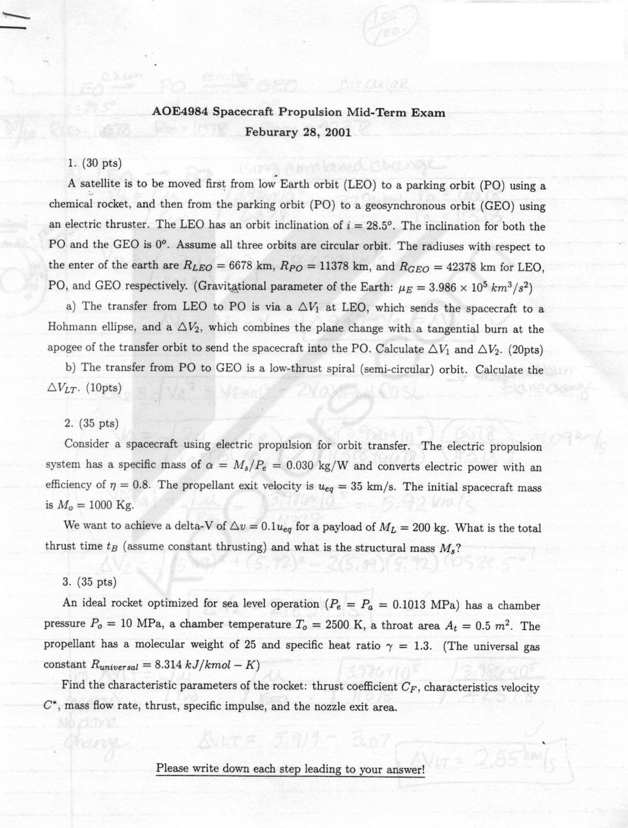 Spacecraft Propulsion Mid Term Exam With Solution Aoe 4174 Docsity
