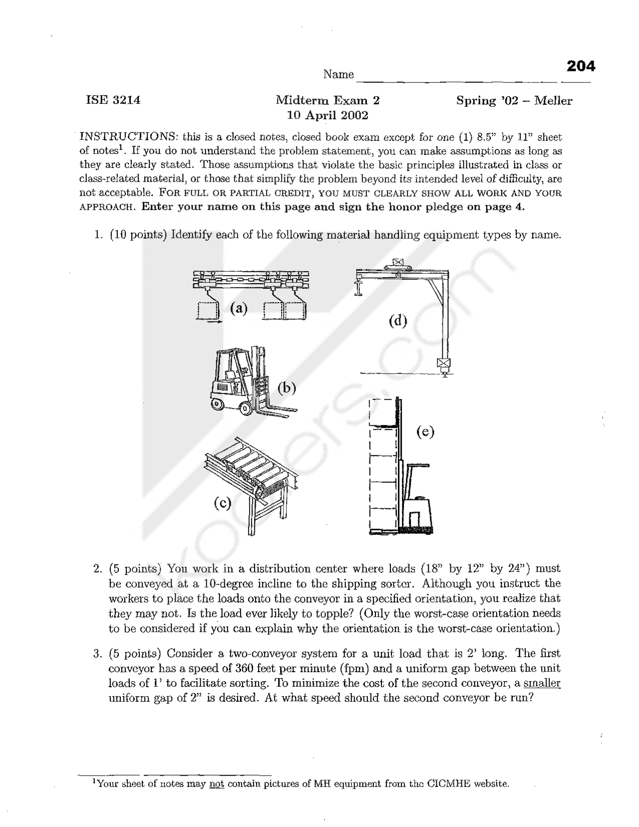Midterm Exam 2 Facility Planning And Material Handling Ise 3214