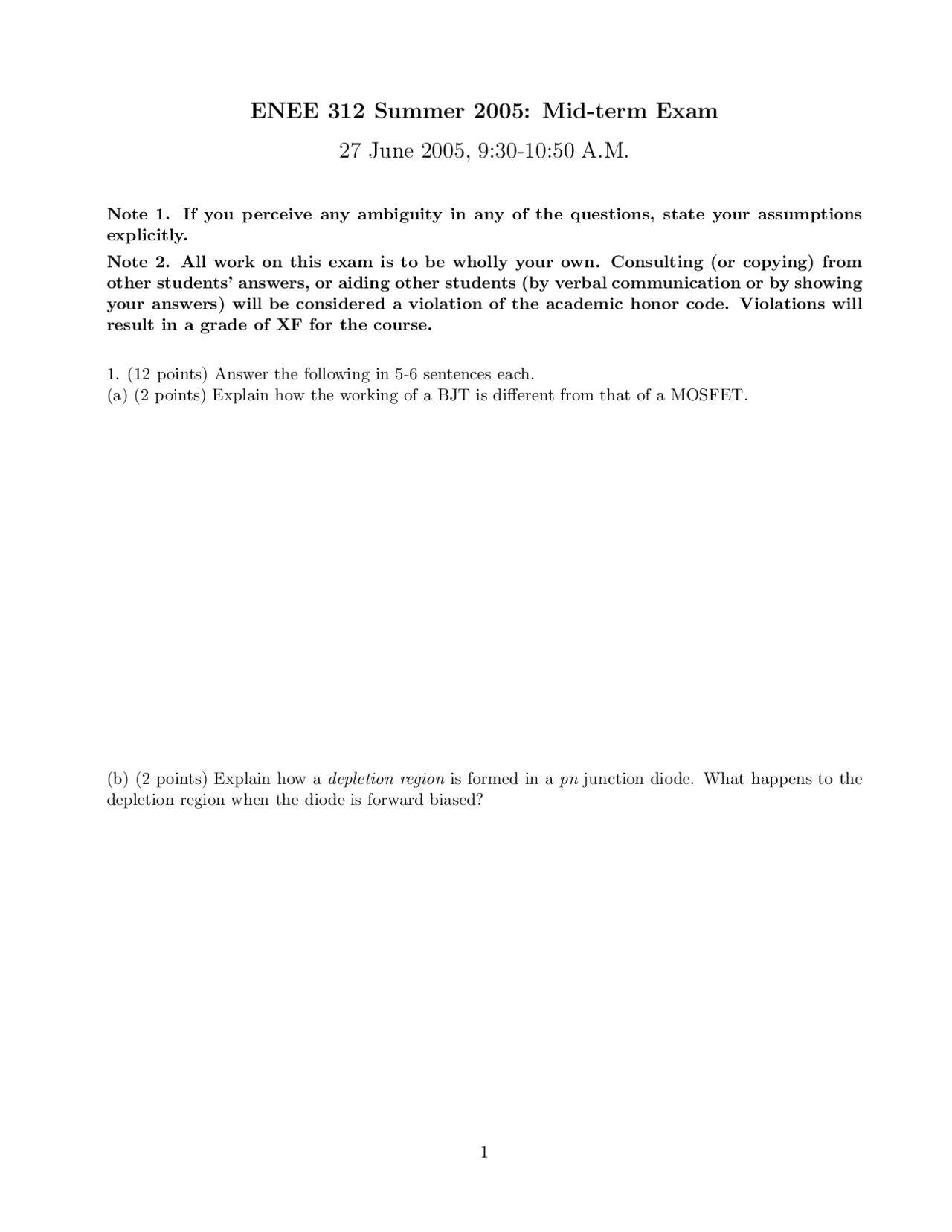 2 Questions For Midterm Exam Semiconductor Devices Analog Electronic Enee 312 Docsity