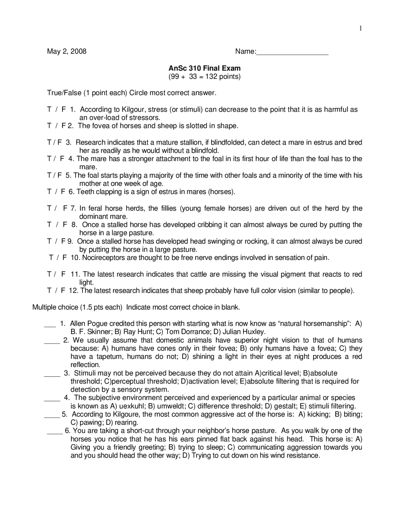 Final Exam, Fall 2008 - Behavior and Management of Domestic Animals ...