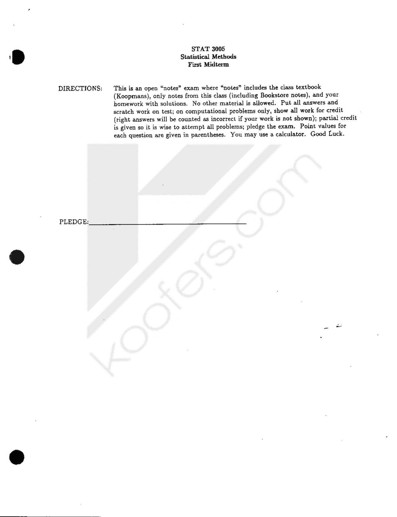 First Midterm Statistical Methods Stat 3005 Docsity