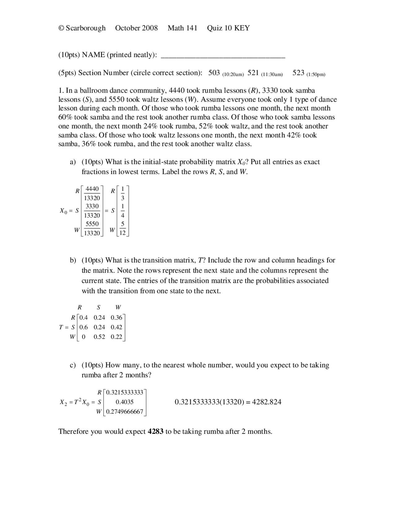 Quiz 10 Answers Key Honor Business Mathematics I Math 141 Docsity