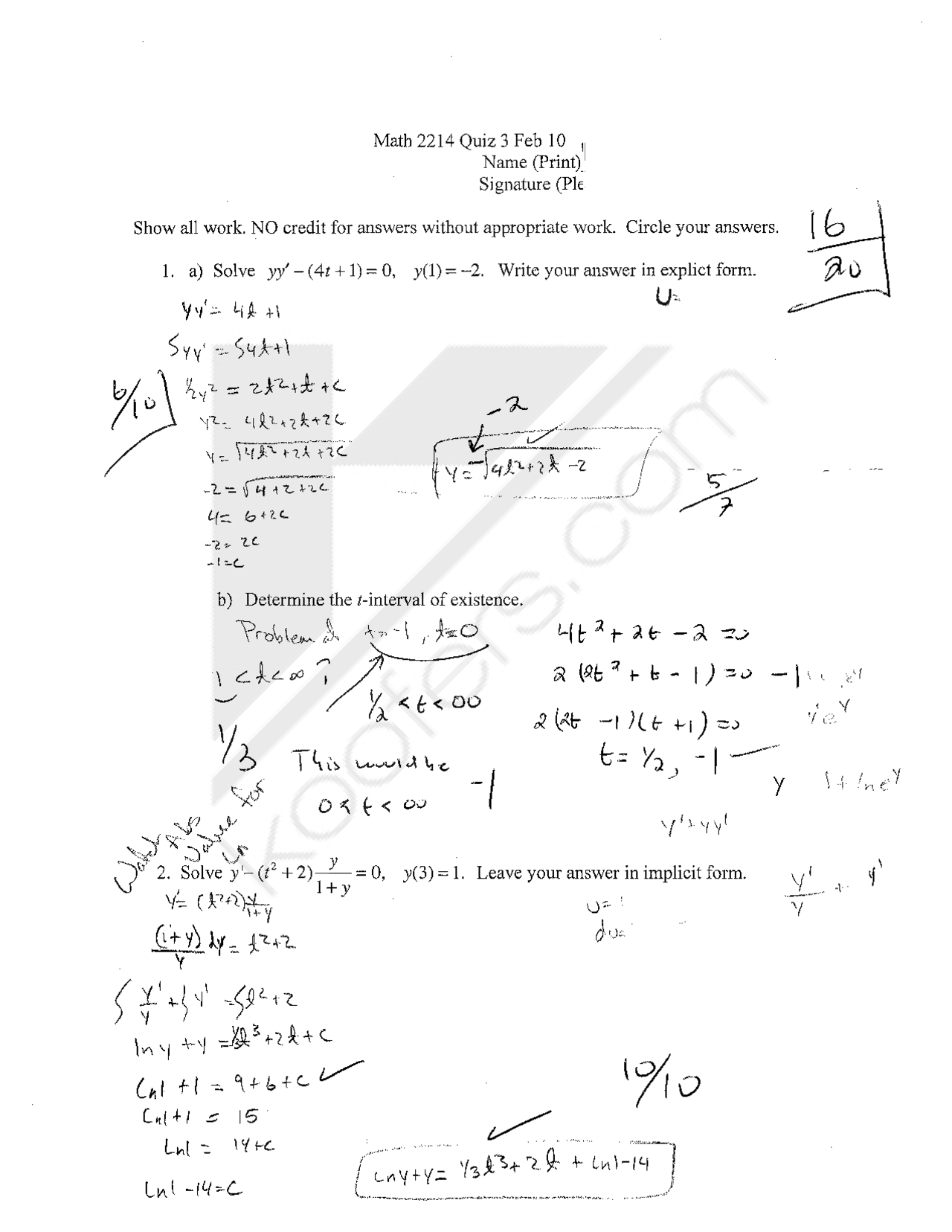 Quiz 3 With Solution For Introduction Differential Equations Math