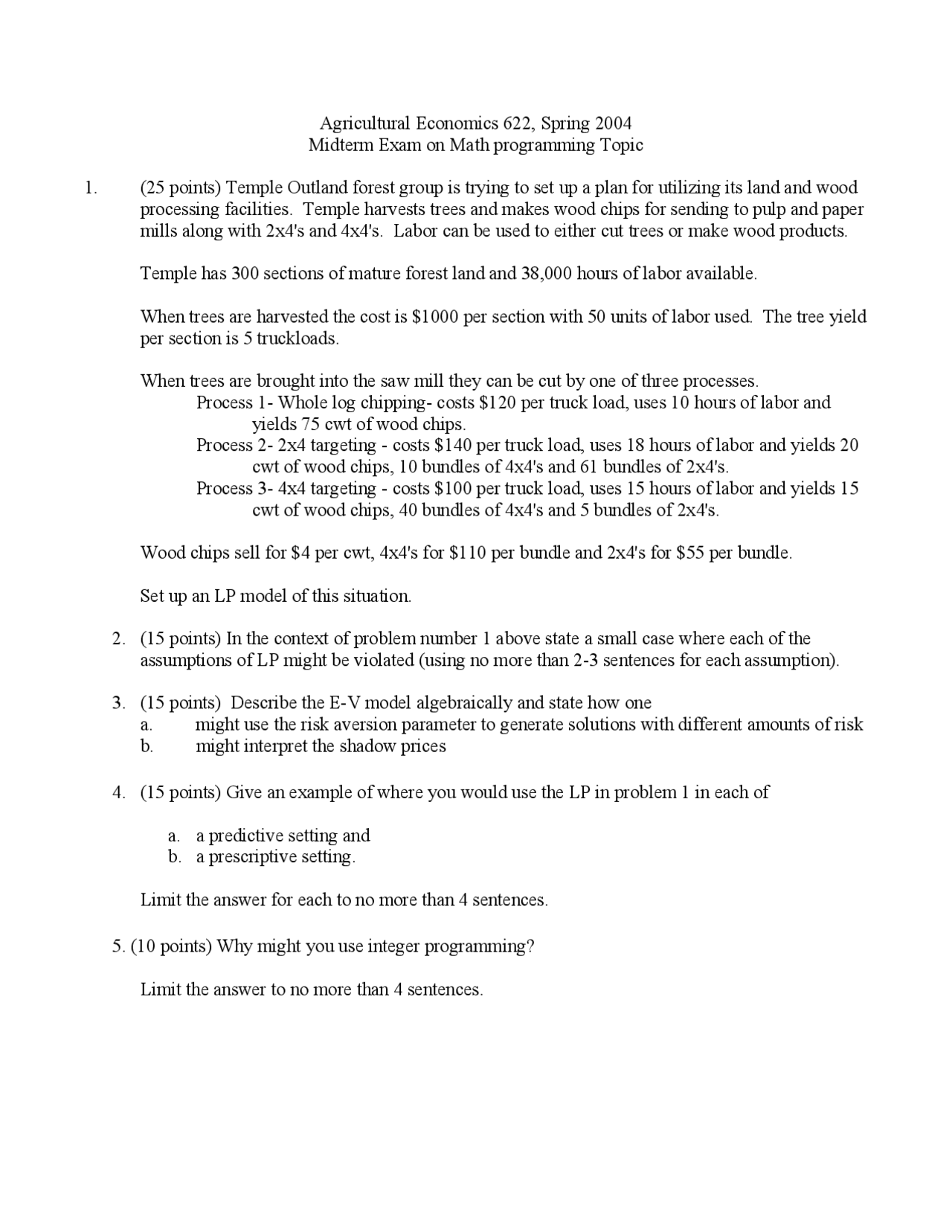 Midterm Questions On Agribusiness Analysis And Forecasting Answers