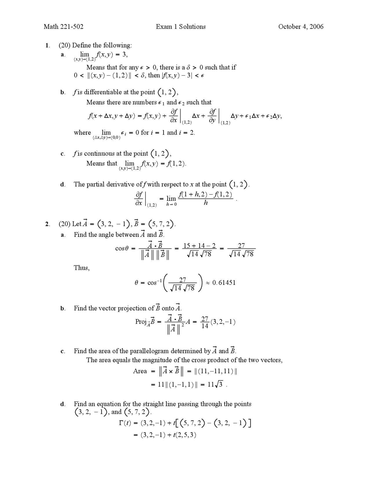 Exam 1 Solutions Several Variable Calculus Math 221 Docsity
