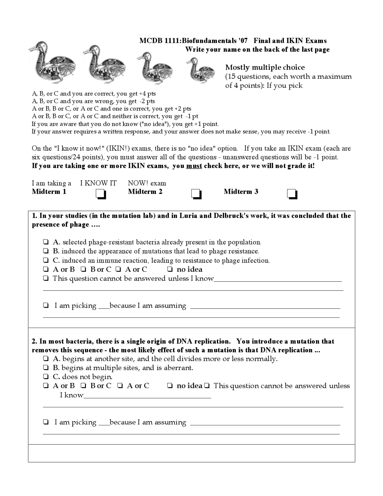 Final Exam Multiple Choice Questions Biofundamentals Mcdb 1111