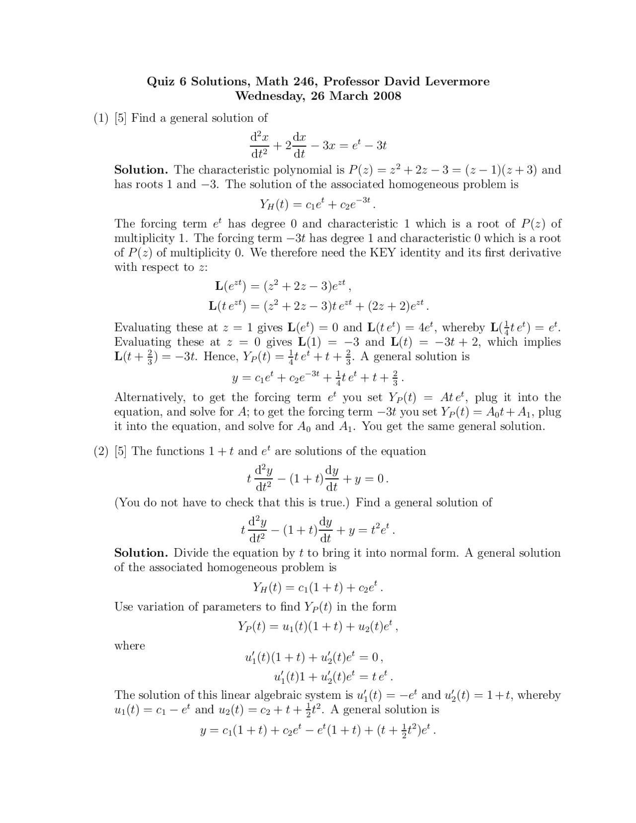 Quiz 6 With Solutions Differential Equations For Engineers