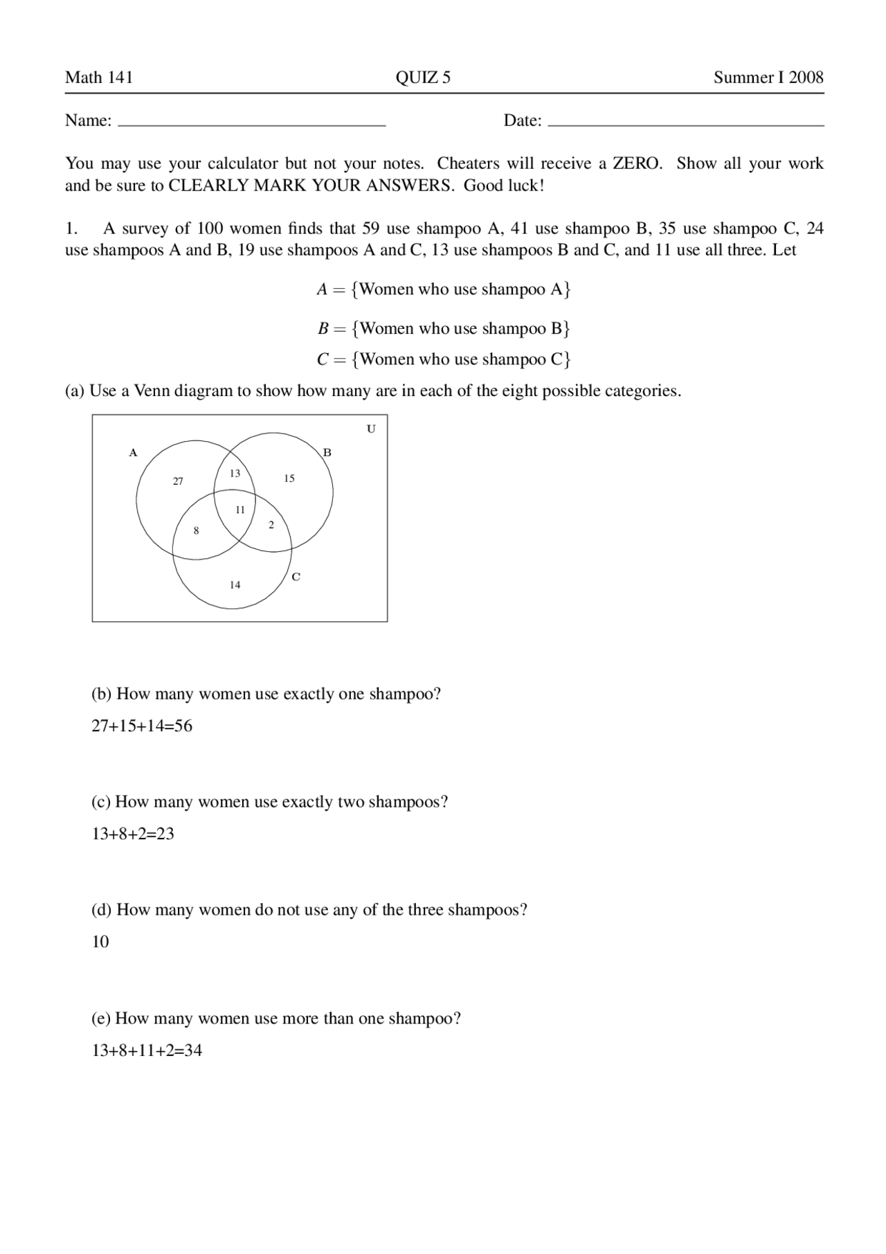 Quiz 5 Questions Honor Business Mathematics I Math 141 Docsity