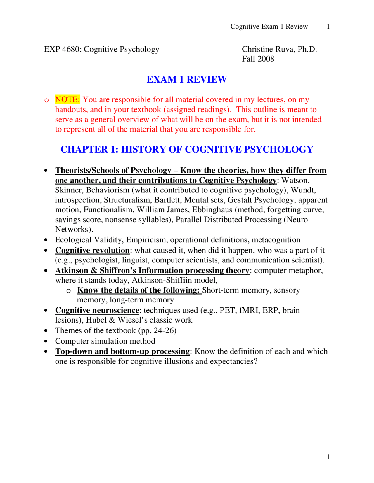Exam 1 Review For Cognitive Psychology Exp 4680c Docsity