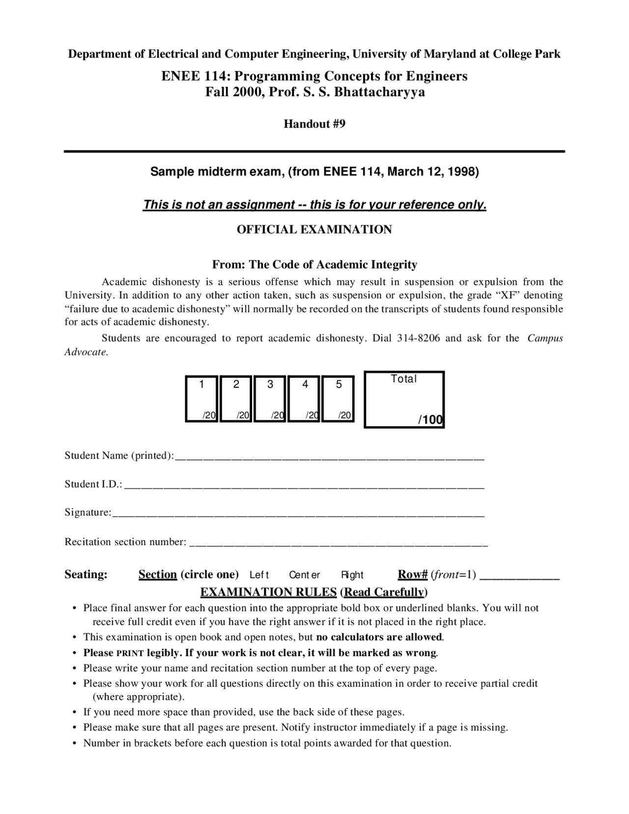 Sample Midterm Exam Programming Concepts For Engineers Enee 114