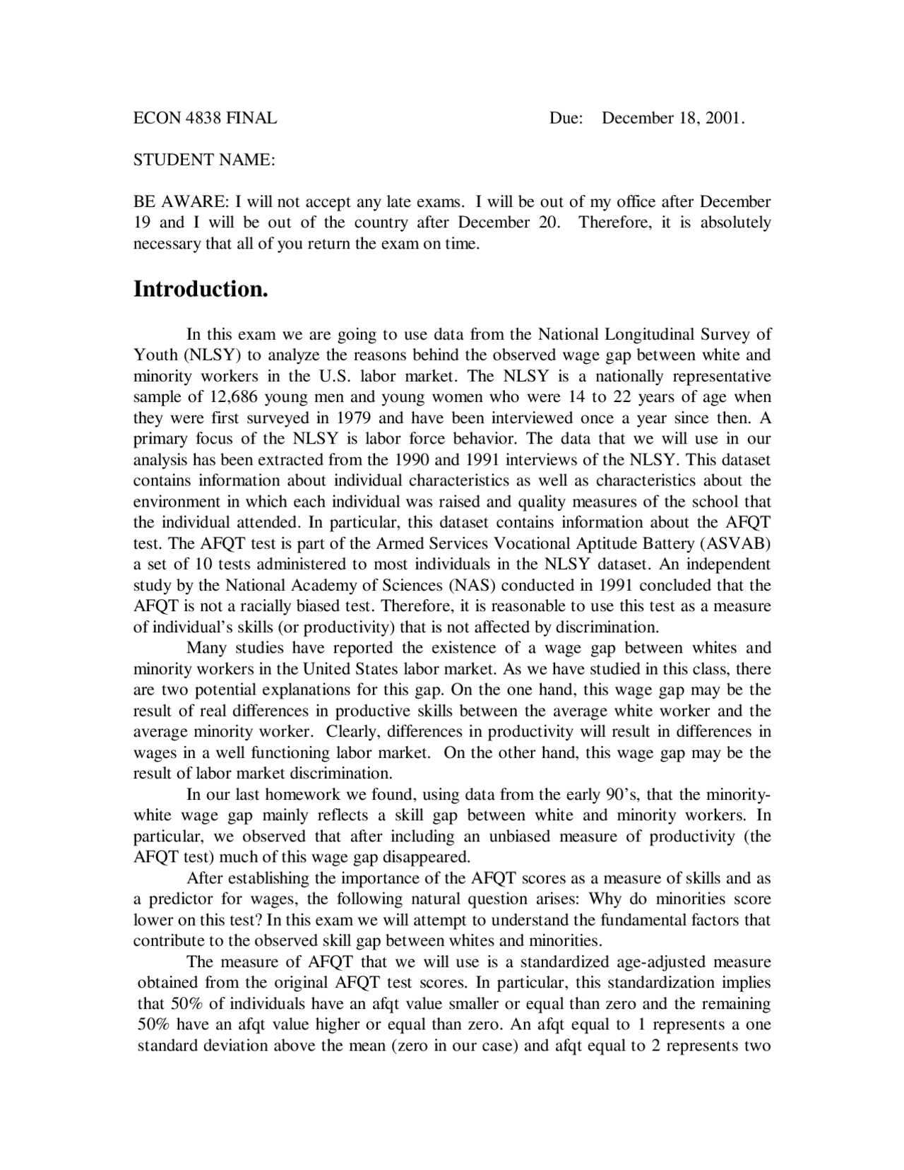 Microcomputer Applications In Economics Final Exam Fall 2001 Econ