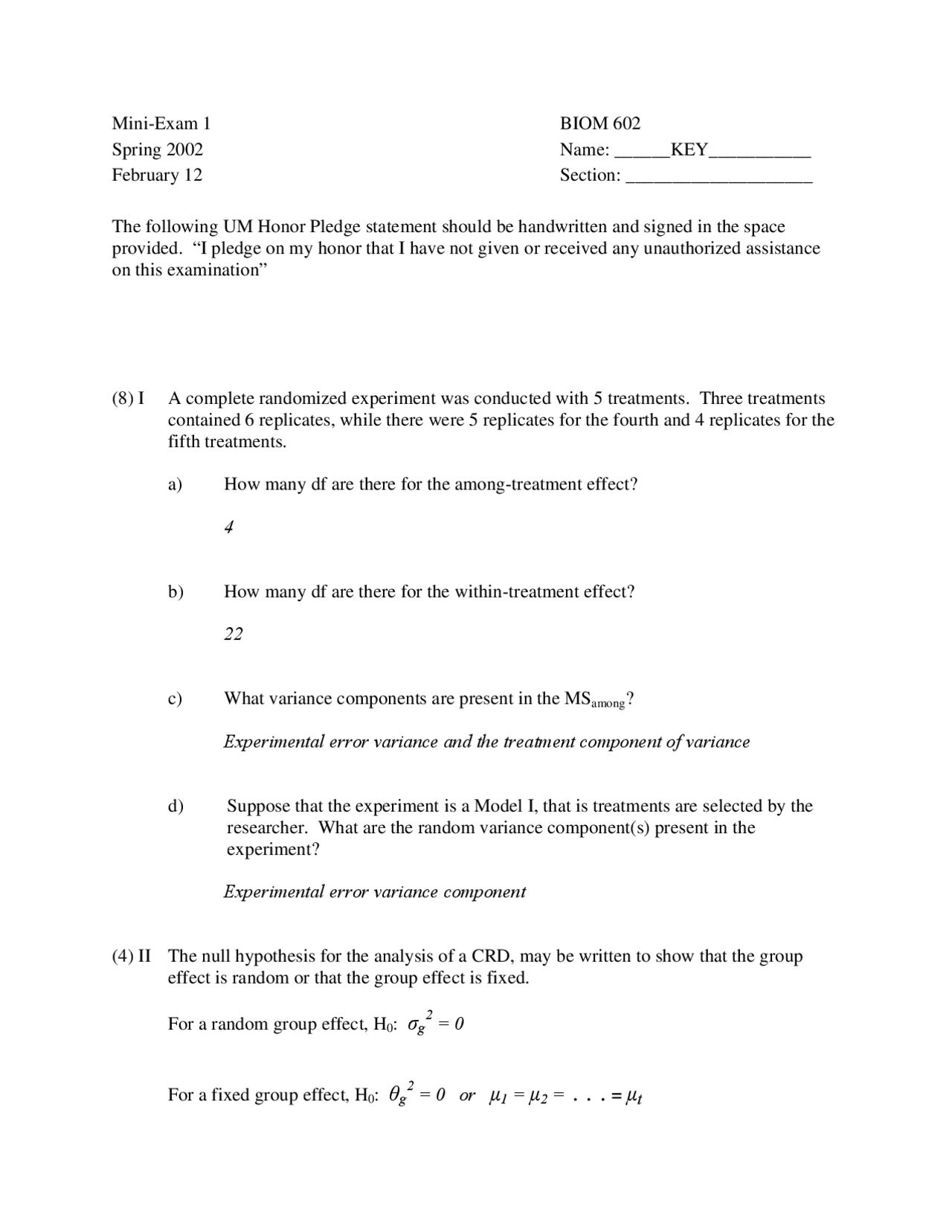 Exam 1 Solution Key Biostatistics Ii Biom 602 Docsity