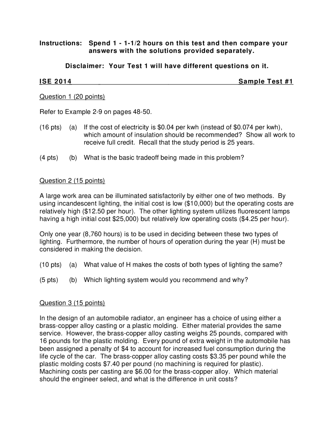 Sample Test 1 - Engineering Economy - Fall 2014 | ISE 2014 - Docsity
