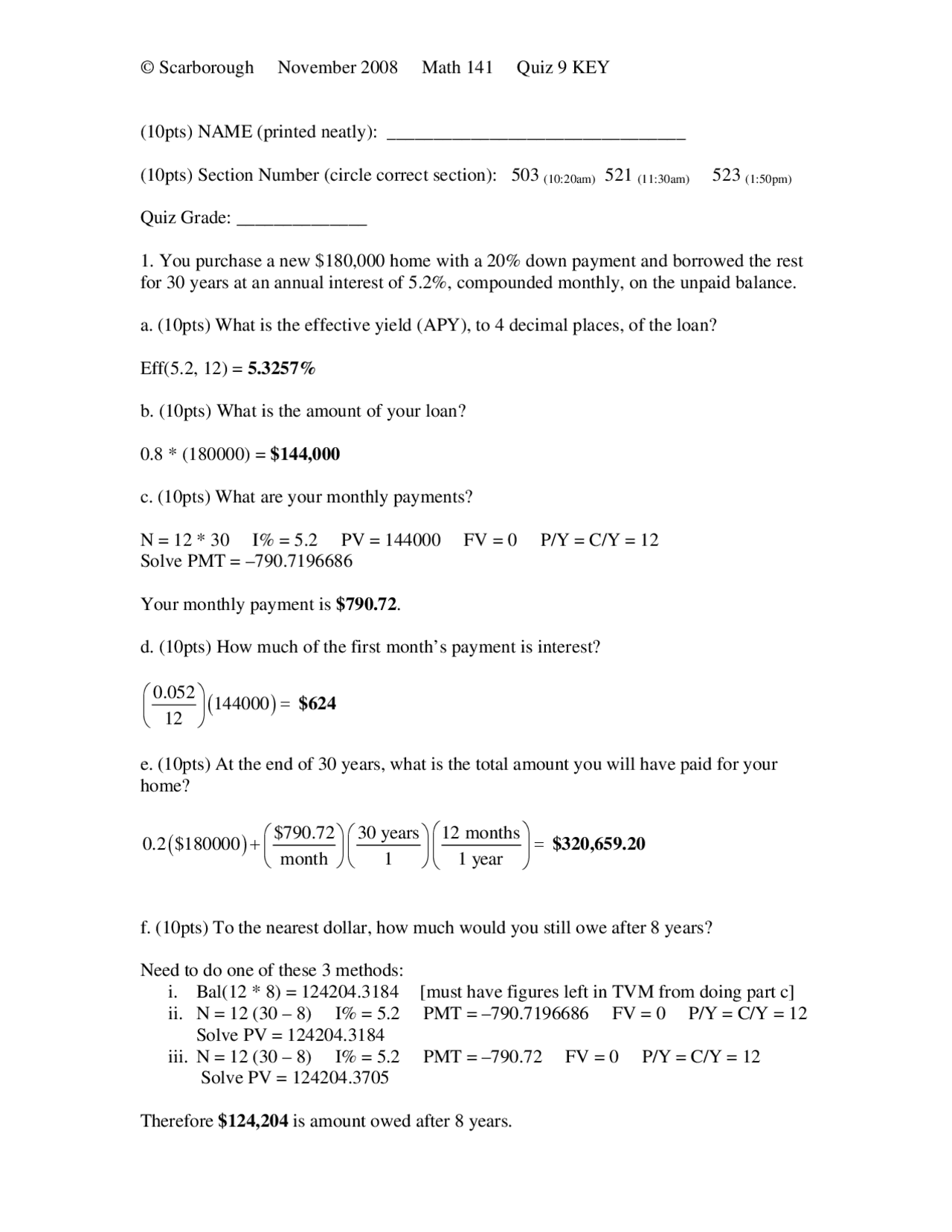 Quiz 9 Answers Key Honor Business Mathematics I Math 141 Docsity