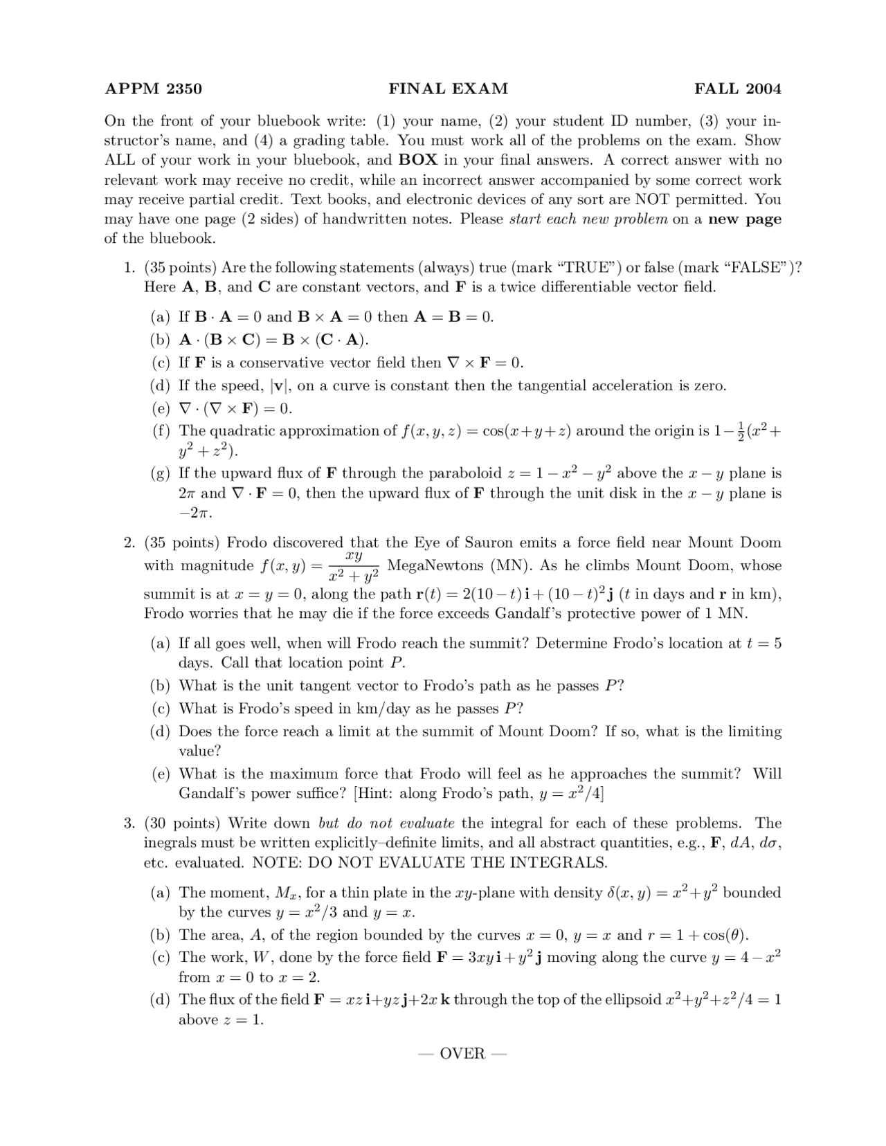 Six Questions On Calculus Iii For Engineers Old Final Exam Appm