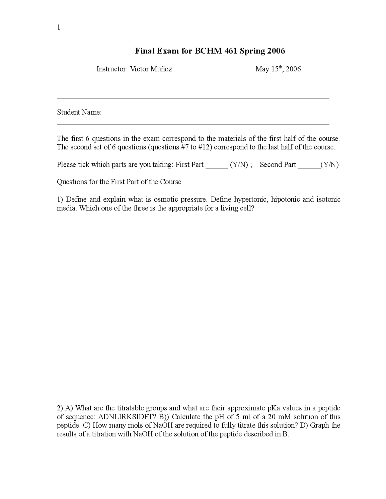 12 Questions On Biochemistry I Final Exam Bchm 461 Docsity