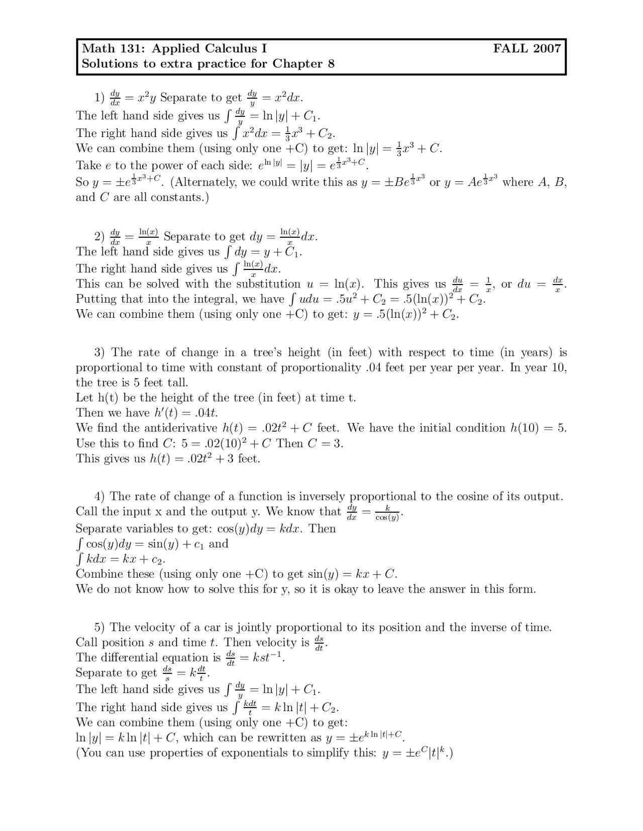 Solved Quiz Applied Calculus I Math 131 Docsity