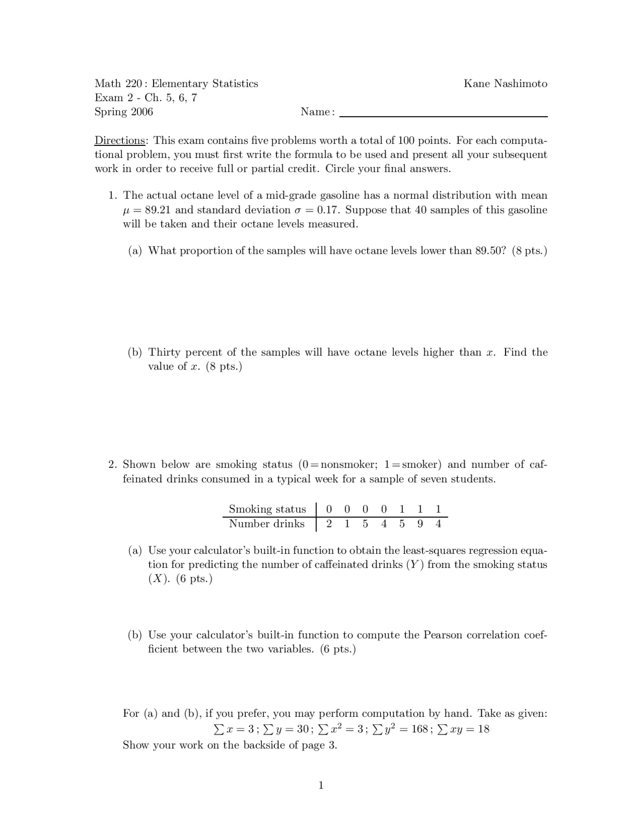 5 Problems On Elementary Statistics Examination 2 Math 220 Docsity