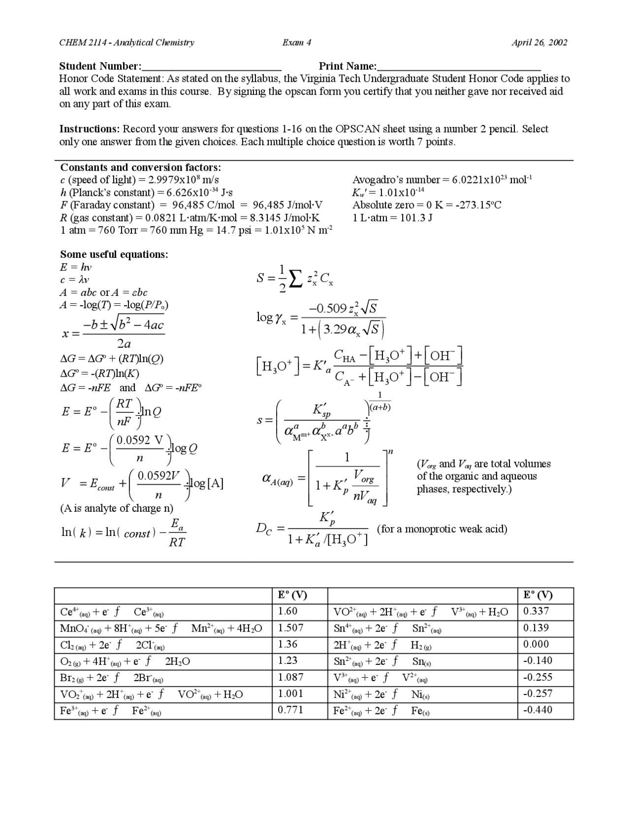 16 Multiple Choice Questions On Analytical Chemistry Chem 2114 Docsity