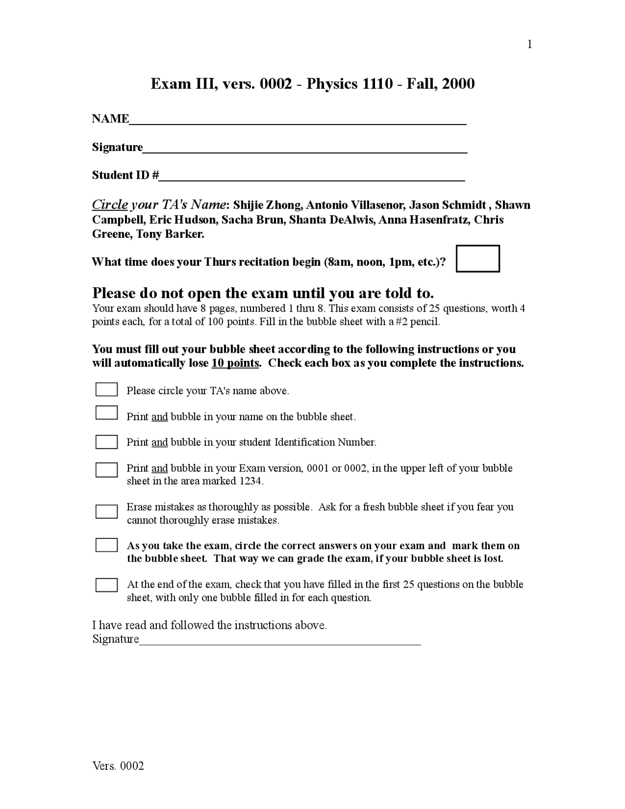 Exam III for General Physics 1 - Fall 2010 | PHYS 1110 - Docsity