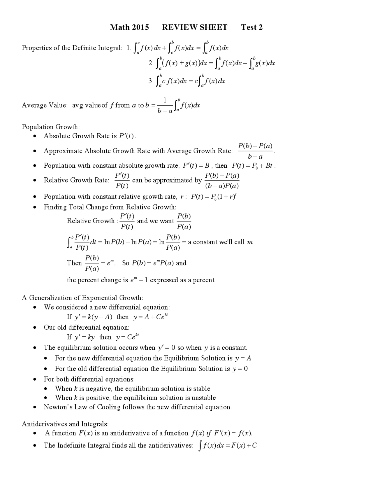 Review Sheet In Test 2 Calculus With Trigonometry Ii Math 2015