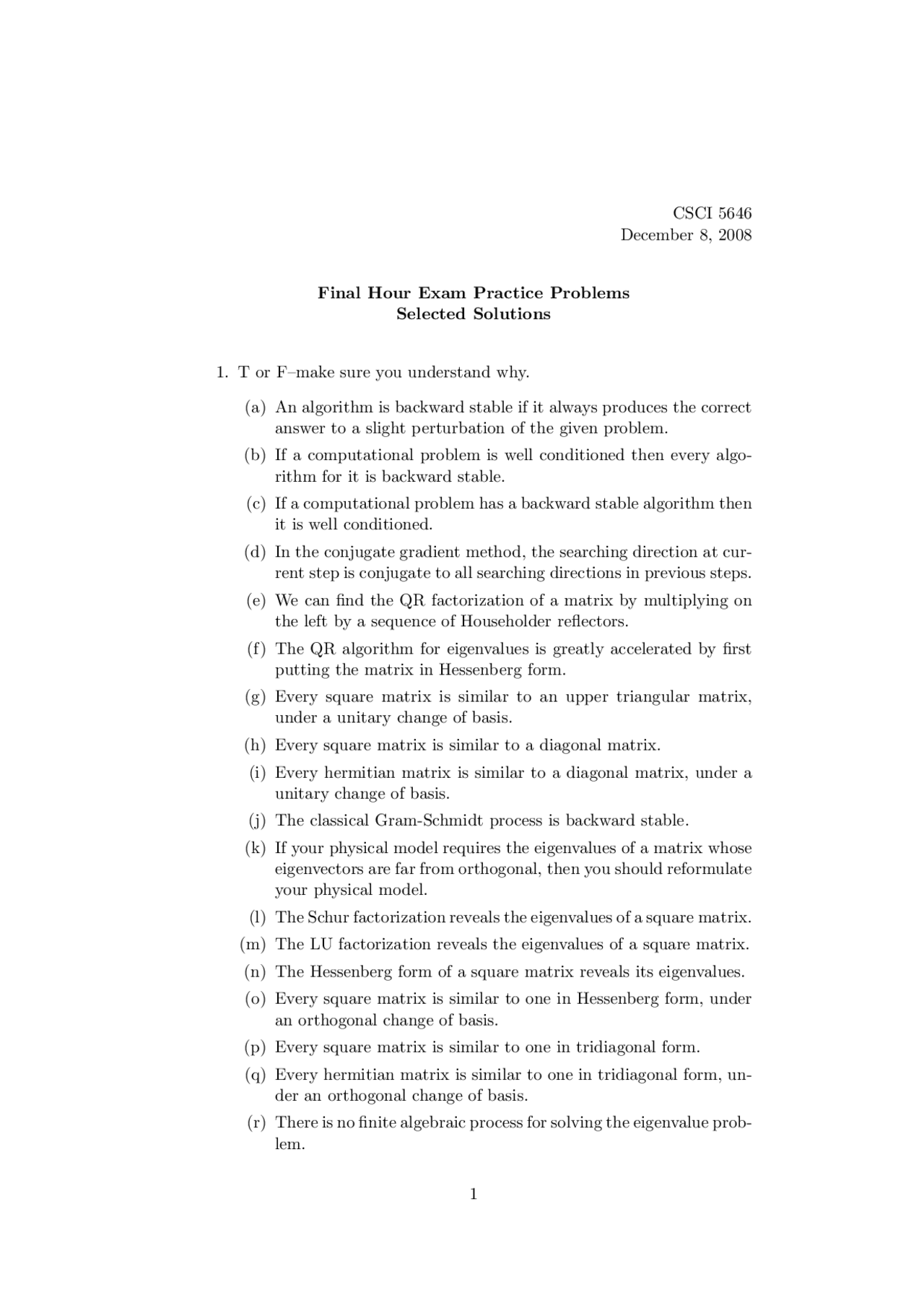 Practice Problems Final Exam Linear Algebra Csci 5646 Docsity