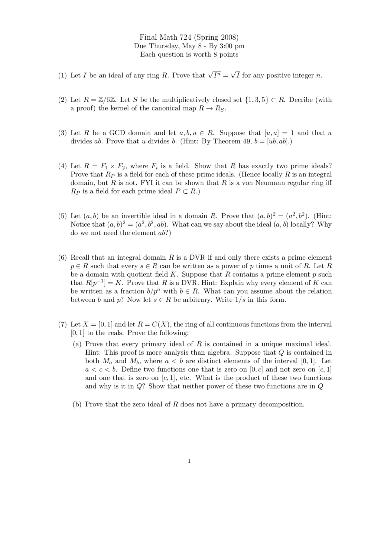 Math 724 Spring 2008 Homework Solutions - Prof. James Lawrence | Exams ...