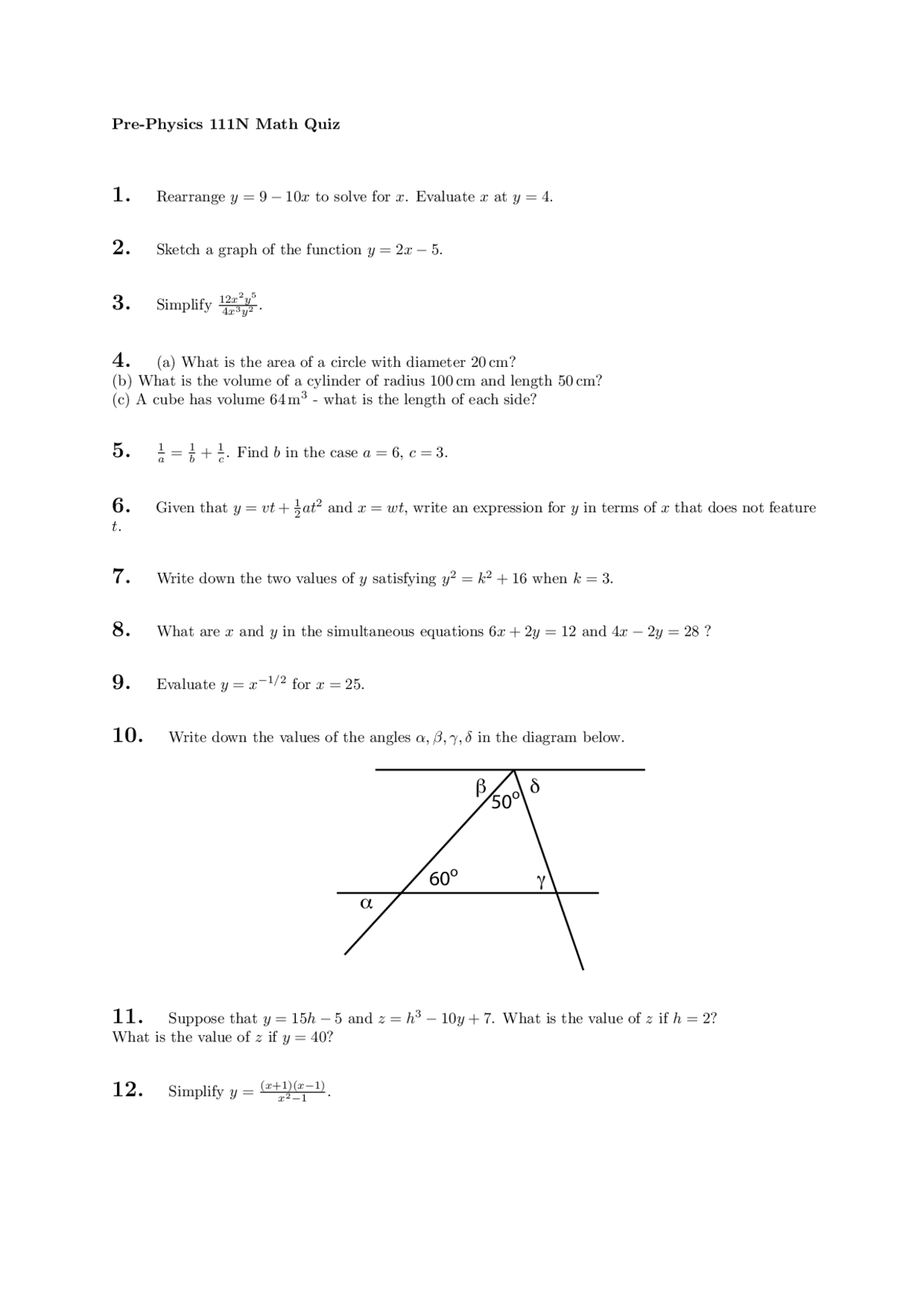 Introductory General Physics - 12 Questions in Quiz 1 | PHYS 111N - Docsity