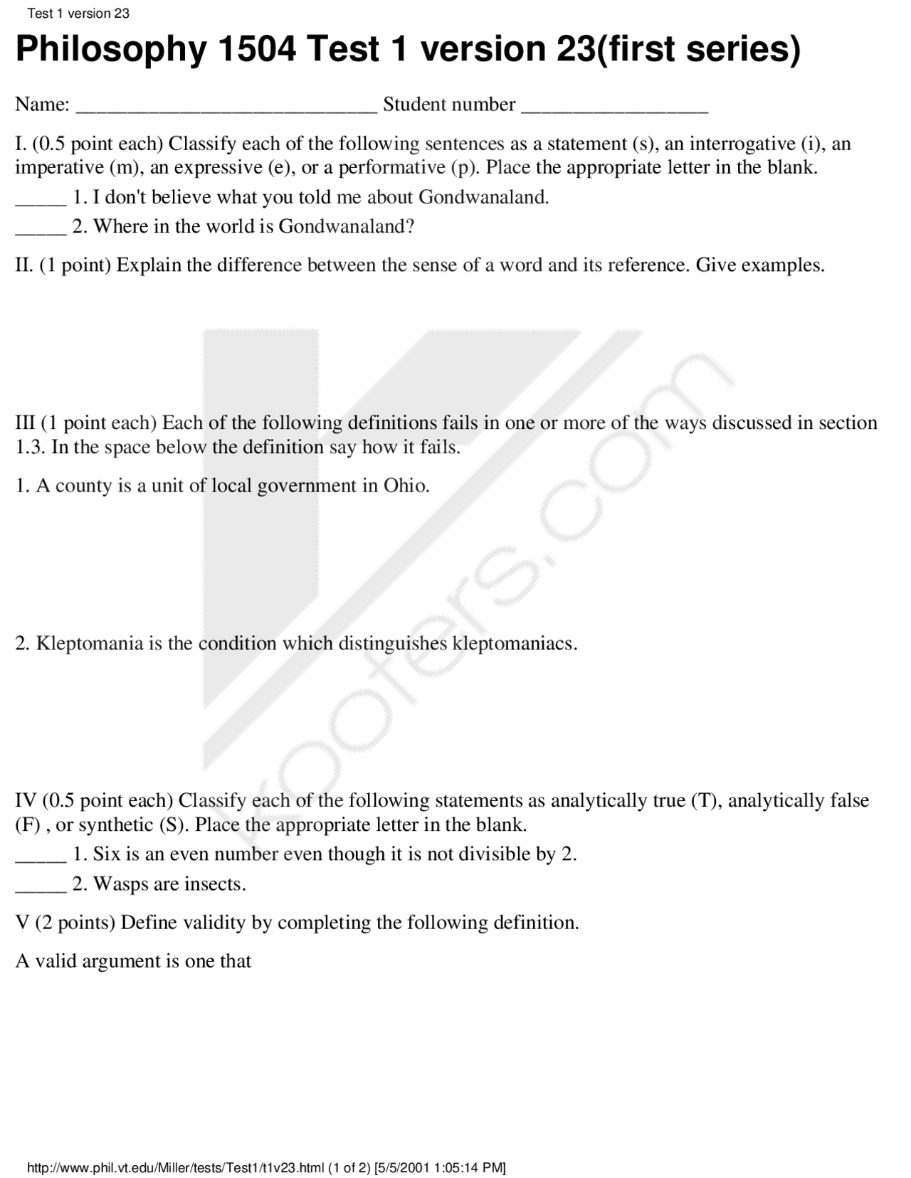 Philosophy Exam 1 Version 23: Logic and Meaning - Prof. H. Miller | Exams Reasoning | Docsity