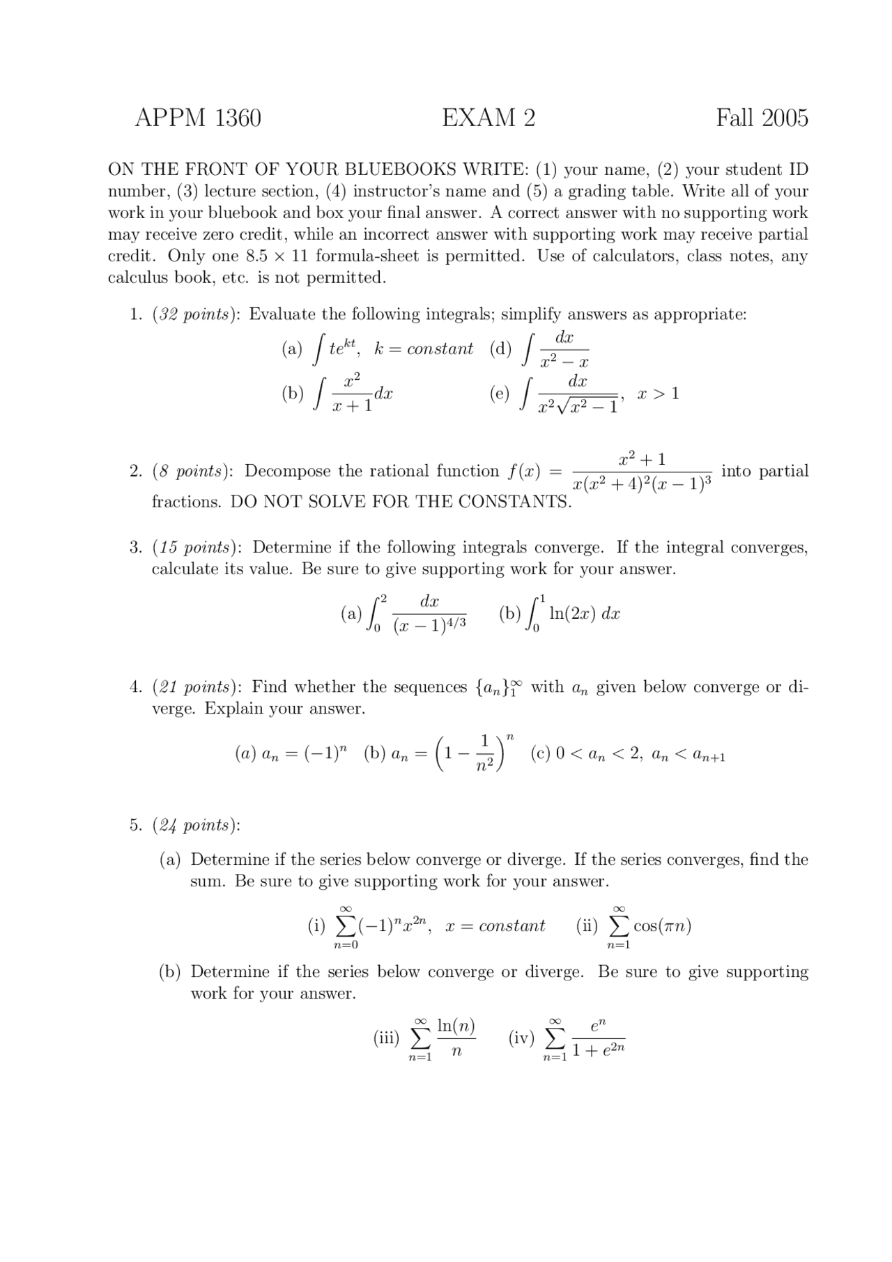 Fall 2005 Calculus Exam: Integrals, Rational Functions, Sequences, and Series | Exams ...