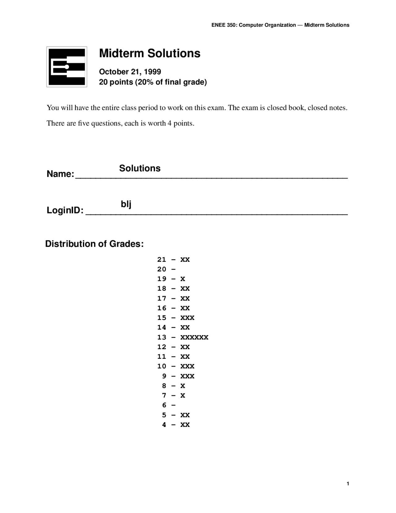 Midterm Exam Solutions Computer Organization Enee 350 Docsity