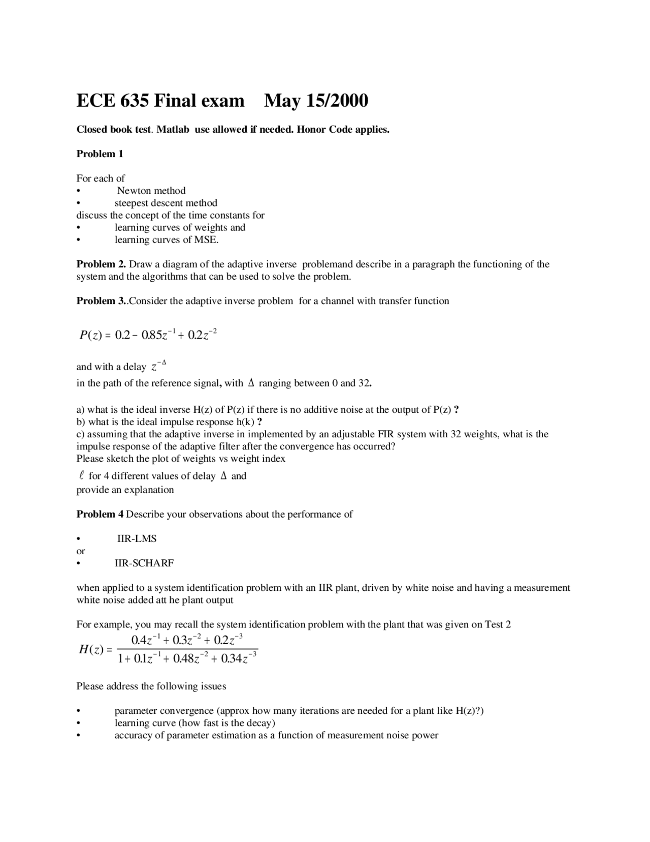 Final Exam For Adaptive Signal Process 2000 Ece 635 Docsity